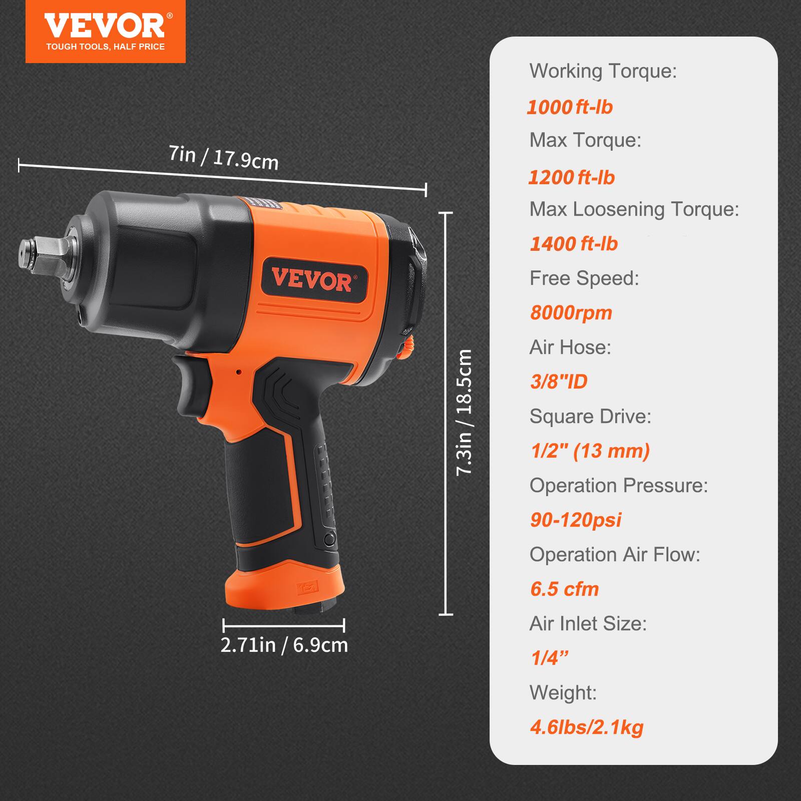 VEVOR 1/2 Inch Air Impact Wrench, High Torque Up to 1400 ft lbs ...