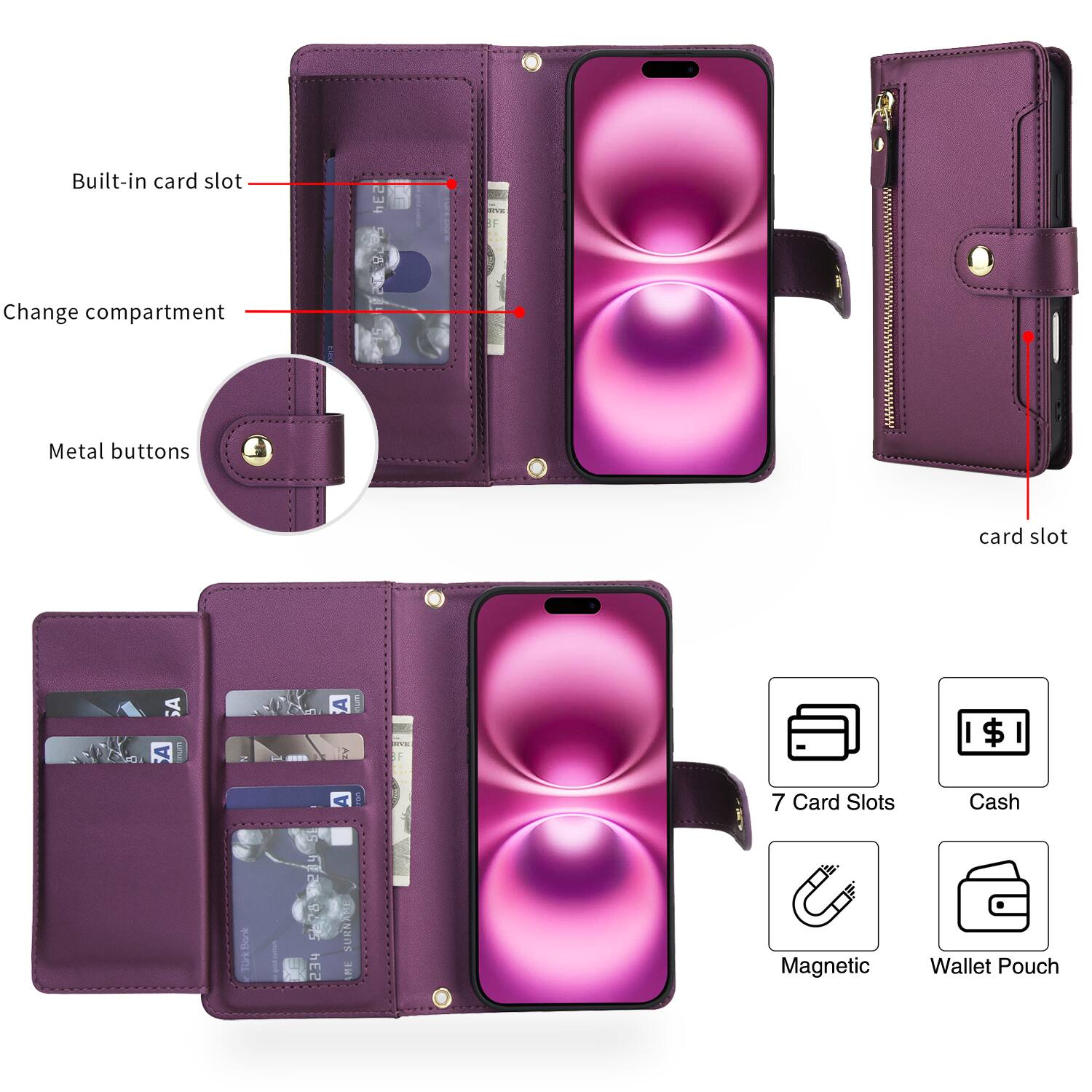 Dteck Crossbody Zipper Wallet Case for Apple iPhone 16 Plus,Faux ...
