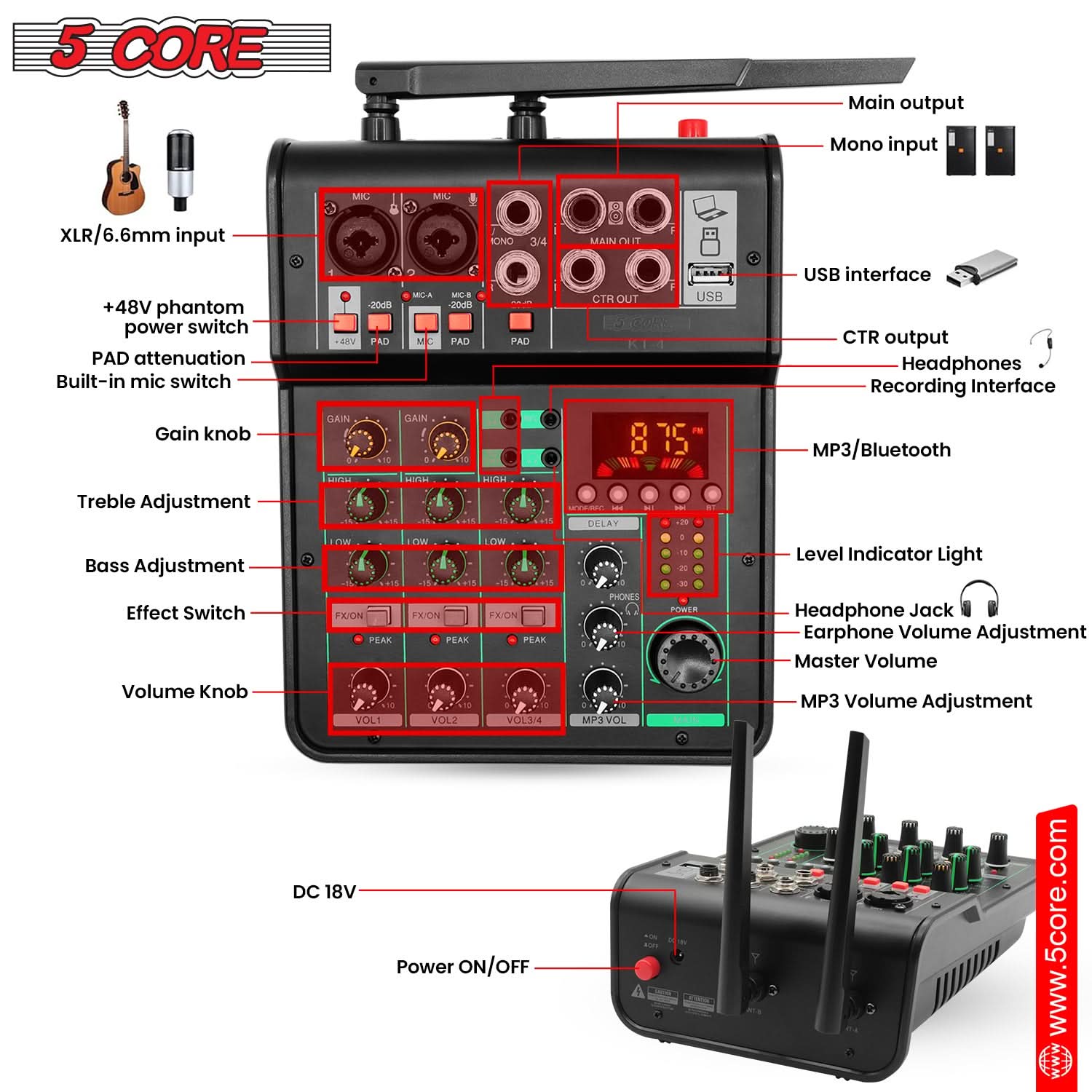 5 CORE Audio Mixer 4 Channel DJ Soundboard USB Interface Bluetooth ...