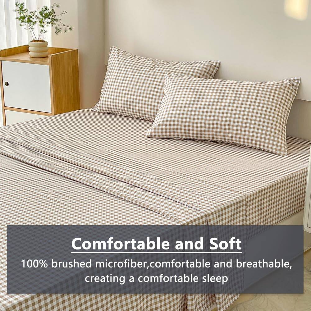 Dapper Styles Tan Gingham Sheet Set Soft Brushed Microfiber Taupe Plaid ...