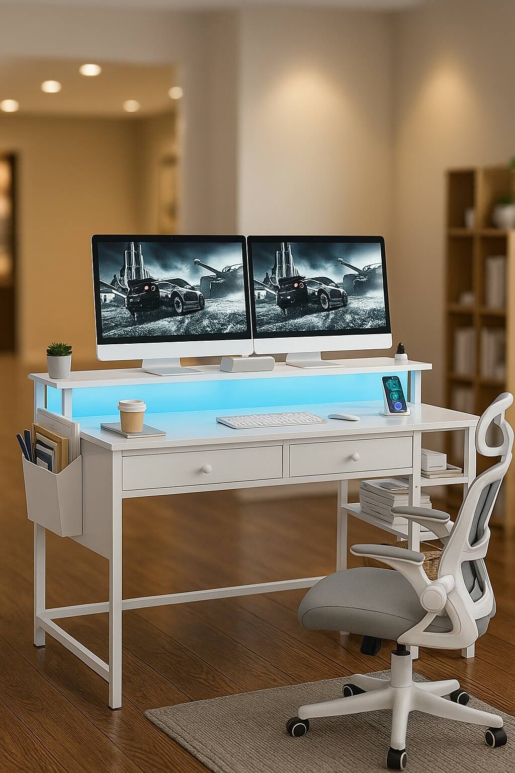 Zell Electronics 39 Inch Desk with Drawers, Shelves, RGB Lighting ...