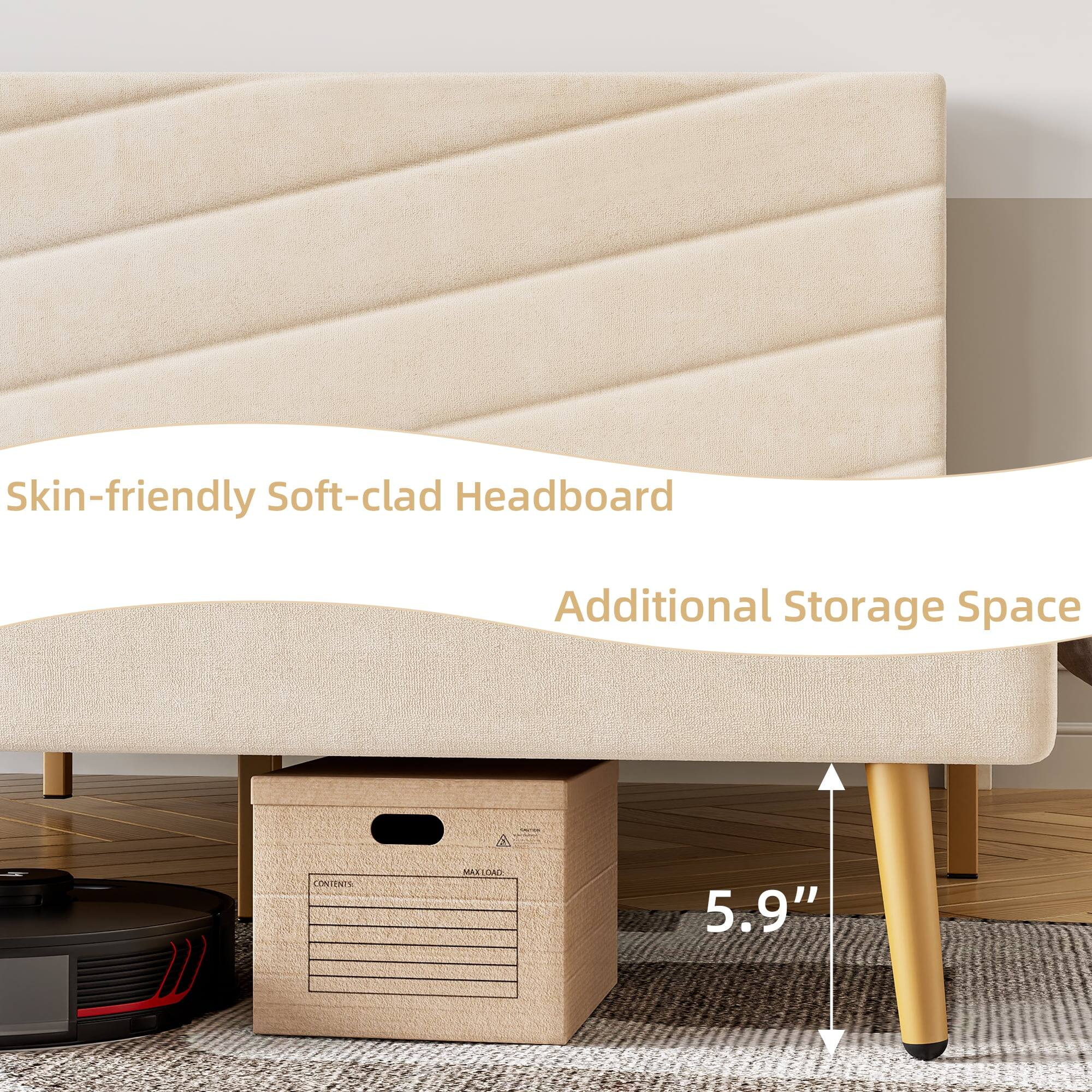 GARVEE King Size Velvet Bed Beige Adjustable Headboard Wood Slats Noise ...