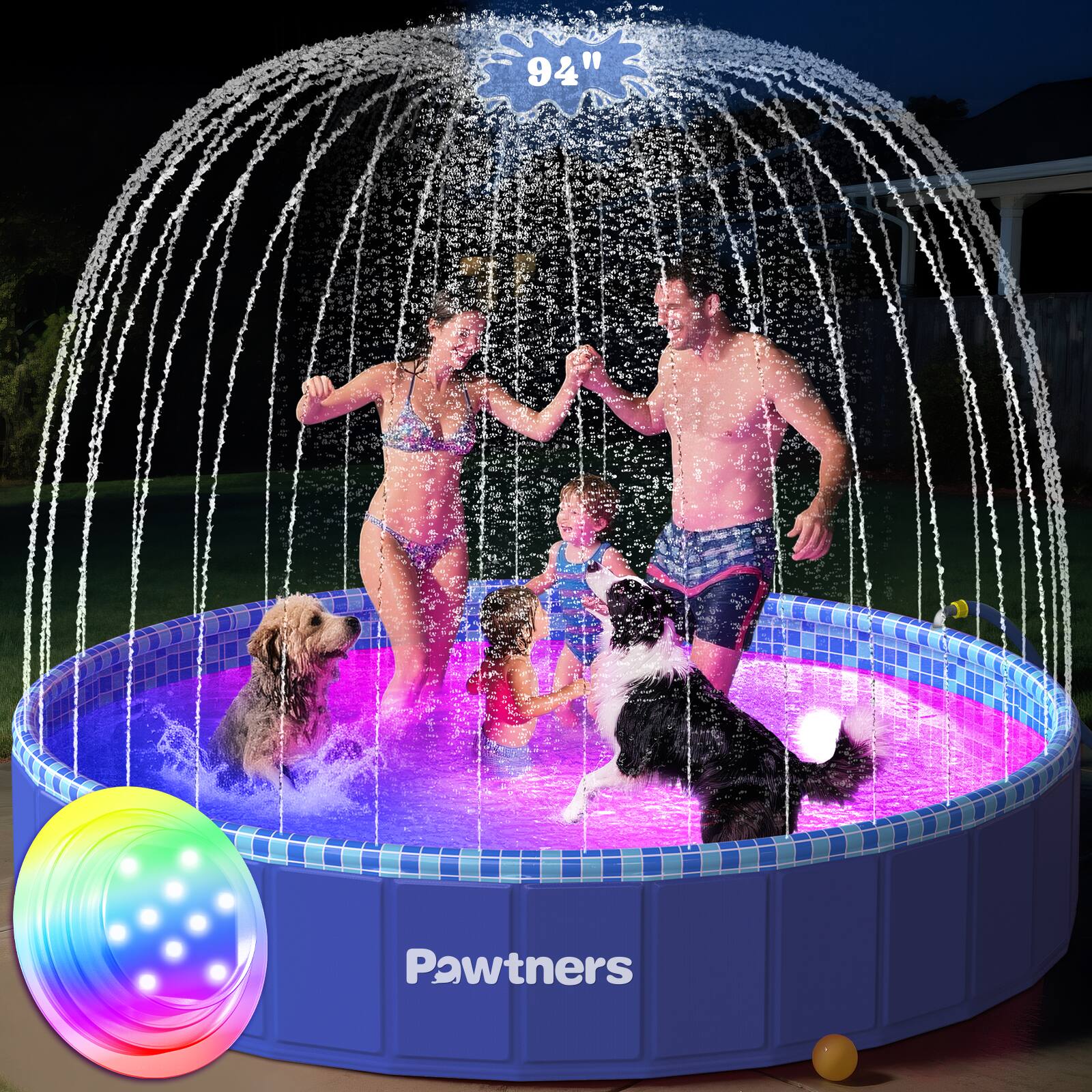 Pawtners Foldable Dog Pool with Sprinkler & RGB LED Light, 94 ...