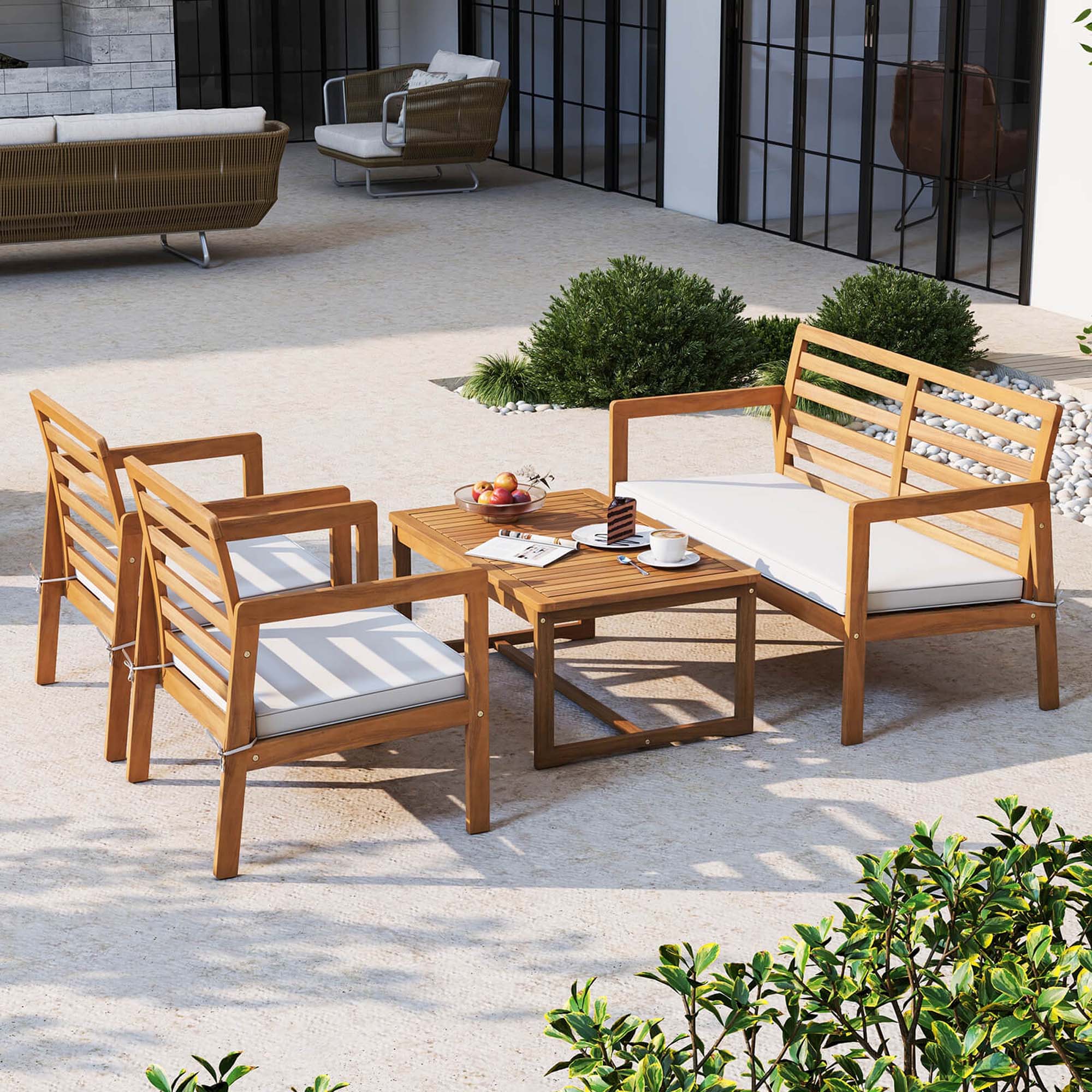 Costway 4 PCS Wood Patio Furniture Set with Soft Seat Cushions Solid ...