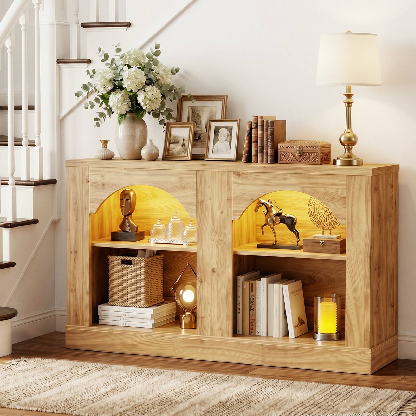 Aheaplus 47" Arched Farmhouse LED Console Table Adjustable Shelves ...