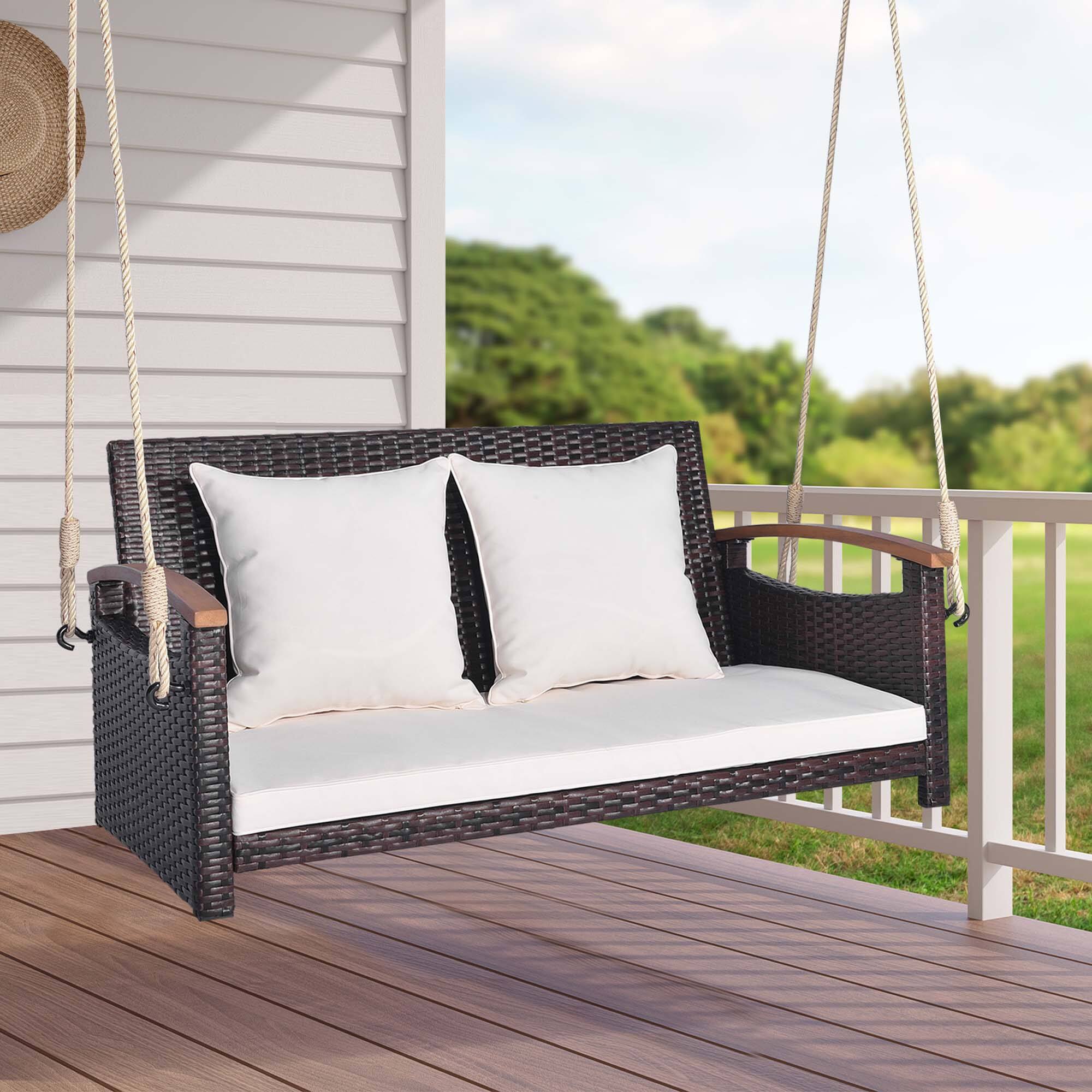 Costway Patio Rattan Porch Swing 2 Person Hanging Chair Cushioned Loveseat for Backyard Mix ...