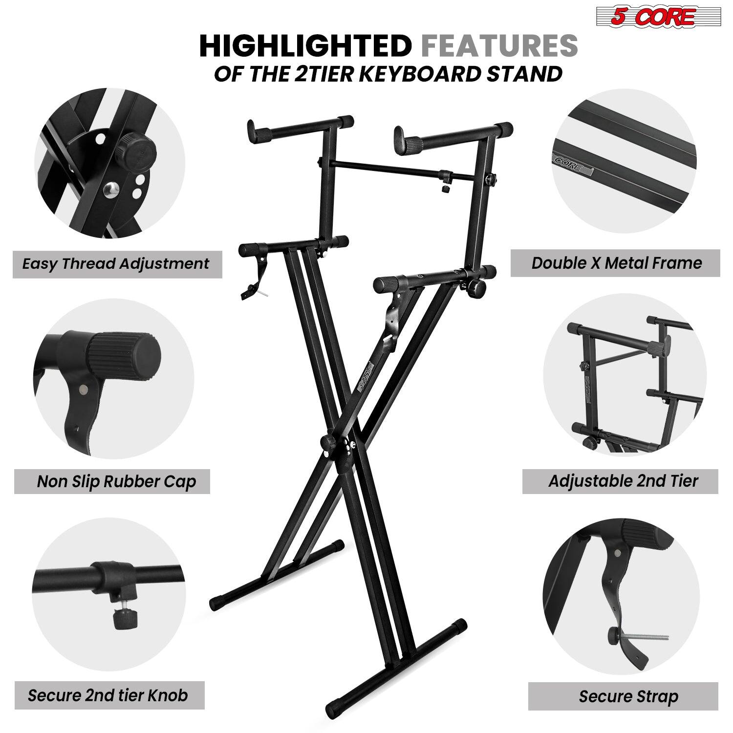 5 CORE 2 Tier Keyboard Stand Double X Style Adjustable Electric Piano ...