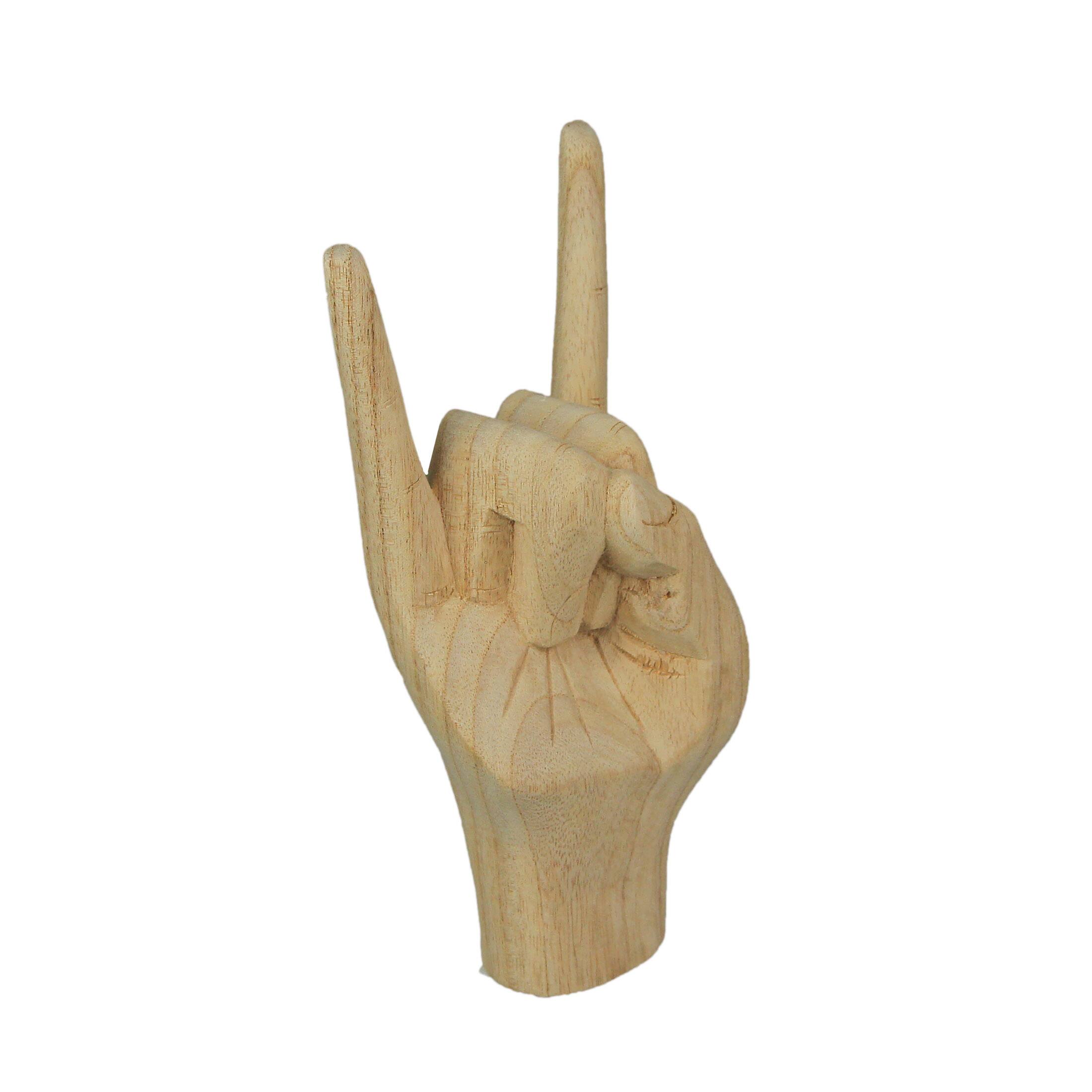 Zeckos Carved Wooden Rock On Devil Horns Hand Gesture Statue Natural ...
