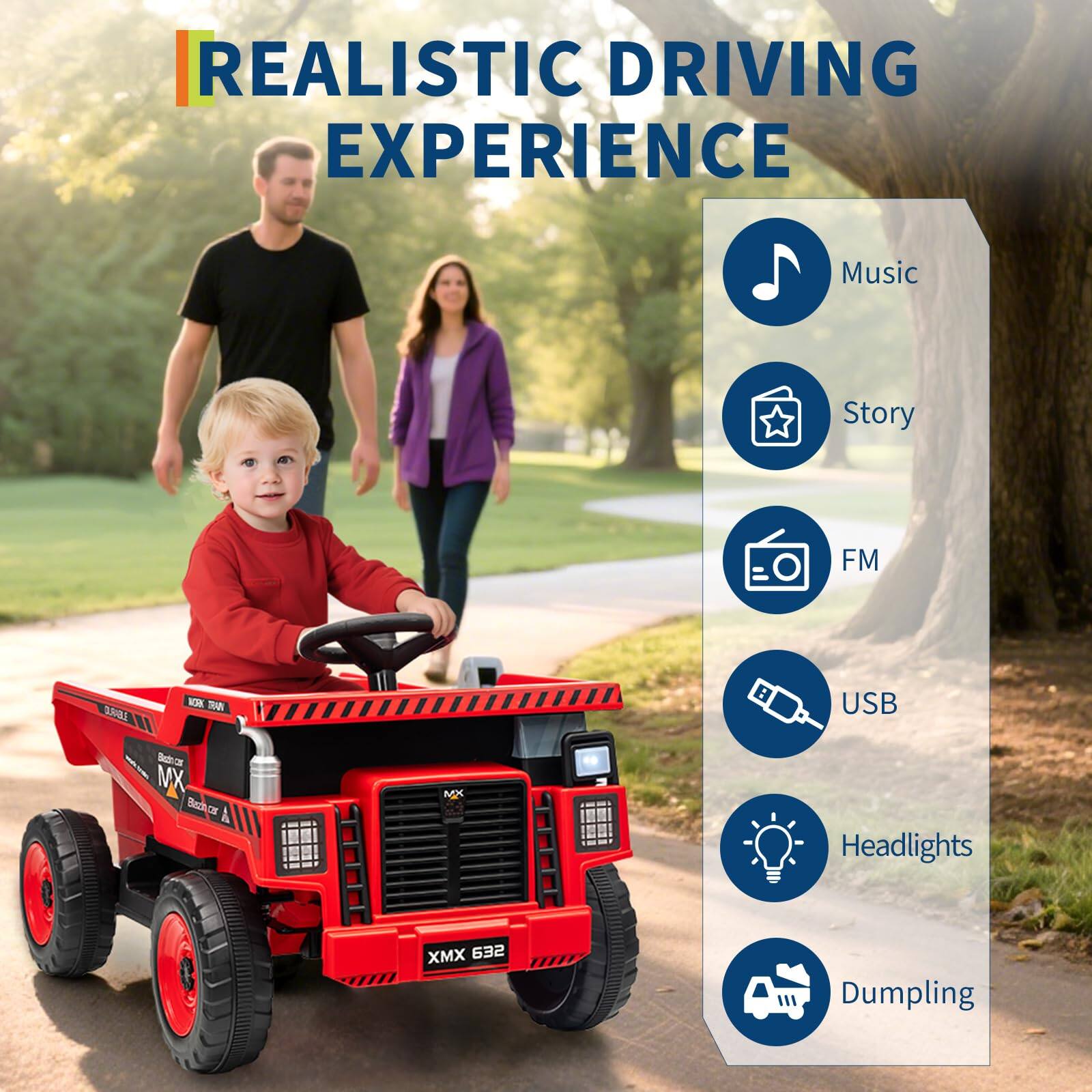 Acekool 12V Ride On Dump Truck w/Remote Auto Lift Bed, Shovel, LED ...