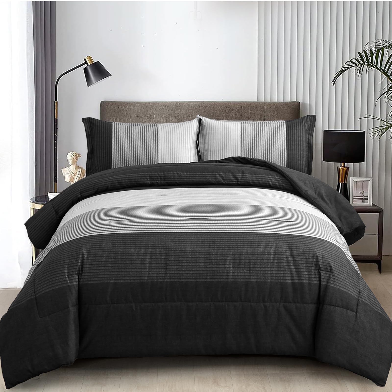 NICHOLAS KLEIN Comforter Set Queen Reversible Stripe Down Alternative ...