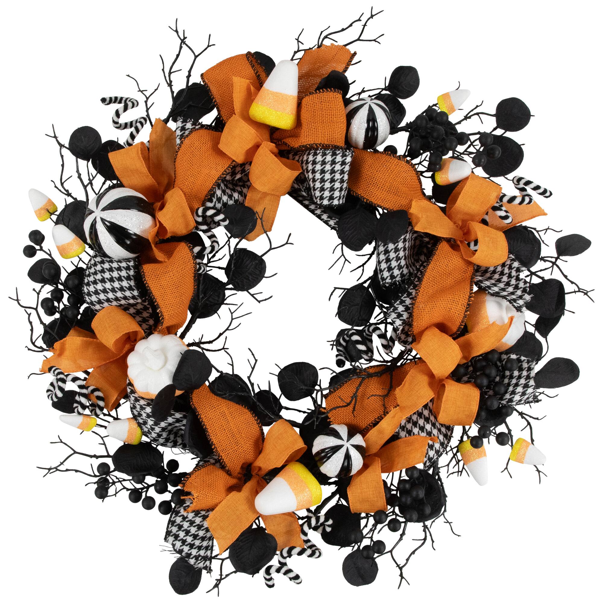 Northlight Houndstooth Bows and Candy Corn Halloween Wreath 24" Unlit ...