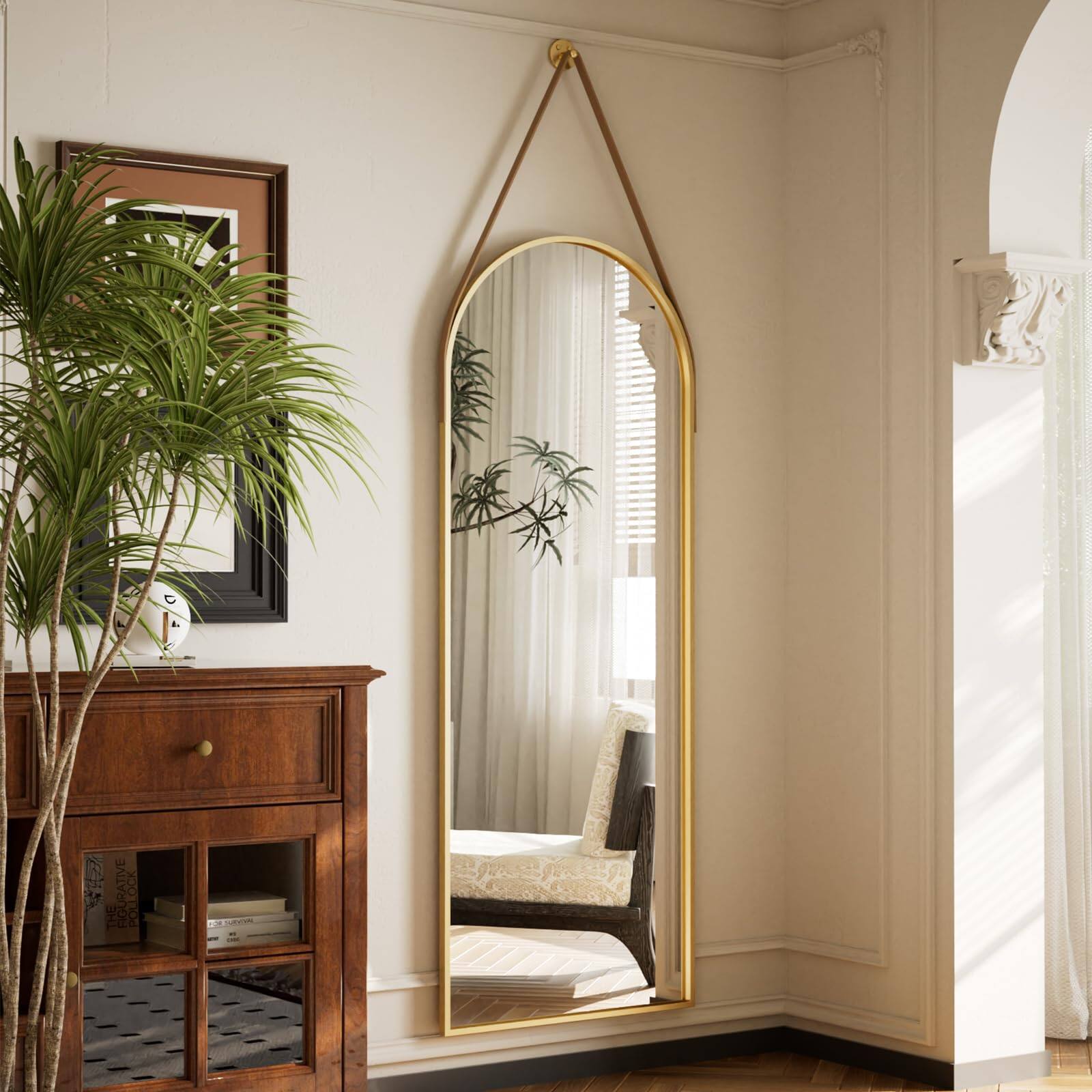 TECH SAFARI Arched Full Length Mirror Hanging For Wall With Leather ...