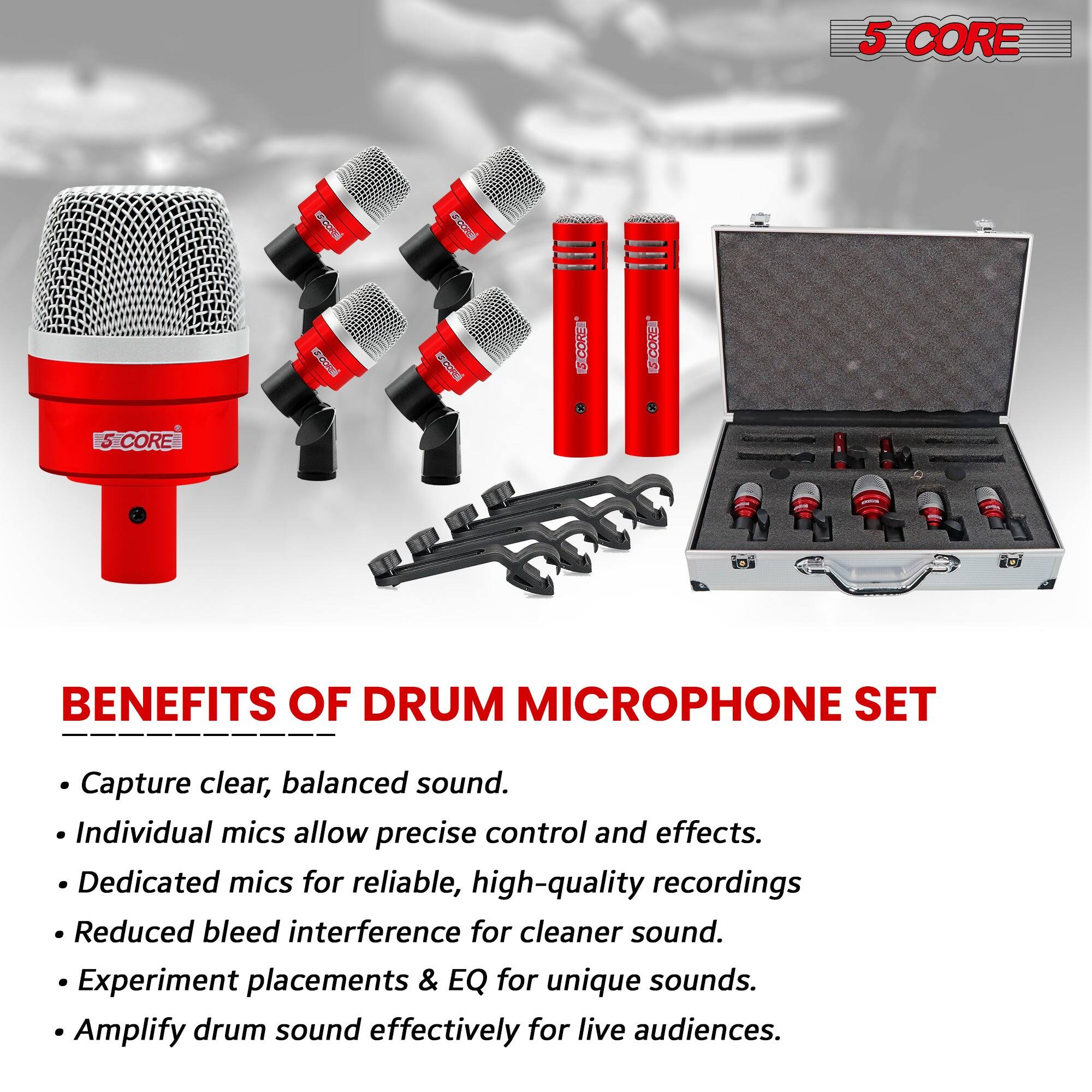 5 CORE Drum Mic Kit 7 Pcs Kick Bass Tom Snare Dynamic Microphone ...