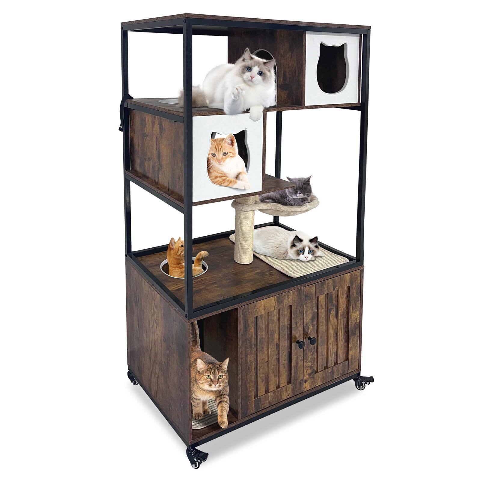 Babevy Litter Box Furniture Cat Tree with Litter Box Enclosure, Wooden ...