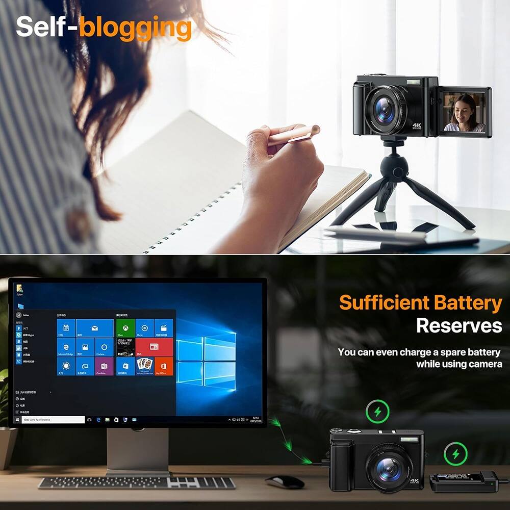 ACJPR 4K Digital Camera, 16X Zoom, 180° Flip Screen, Auto Focus, SD ...