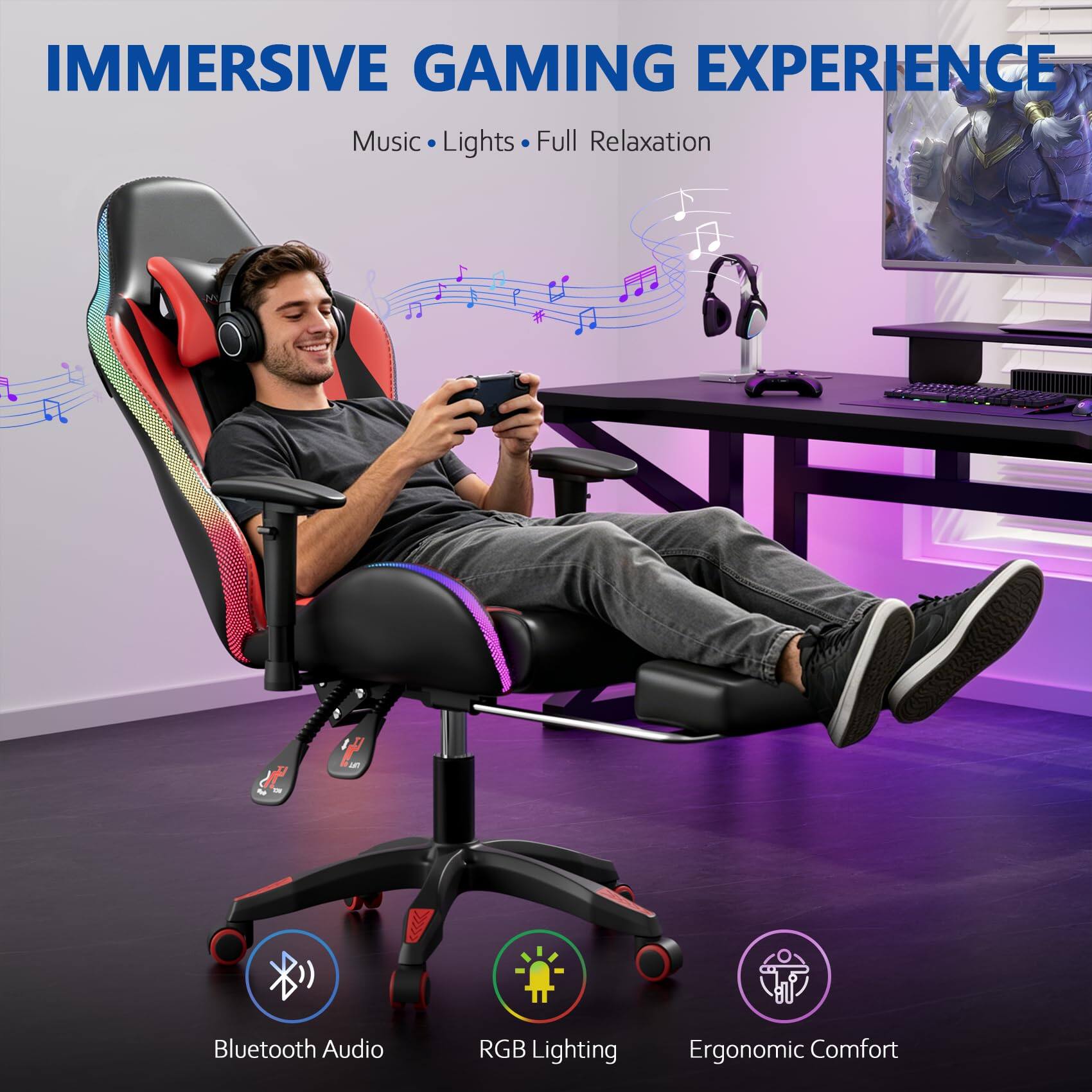 COQOOL RGB Gaming Chair with Bluetooth Speakers, Ergonomic Gamer Chair ...