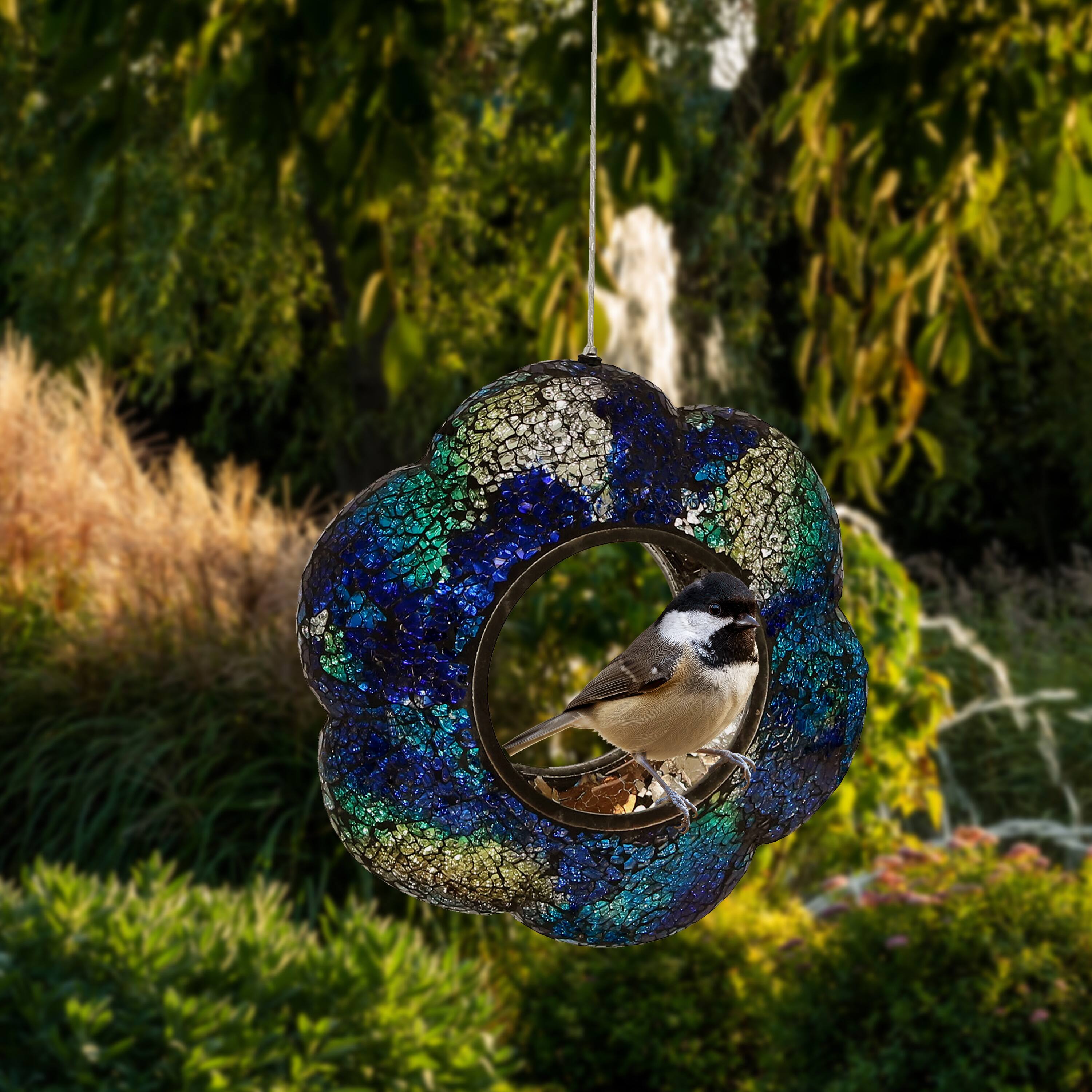 Sunnydaze Glass Fly Through Hanging Bird Feeder 10 in Indigo Flower ...