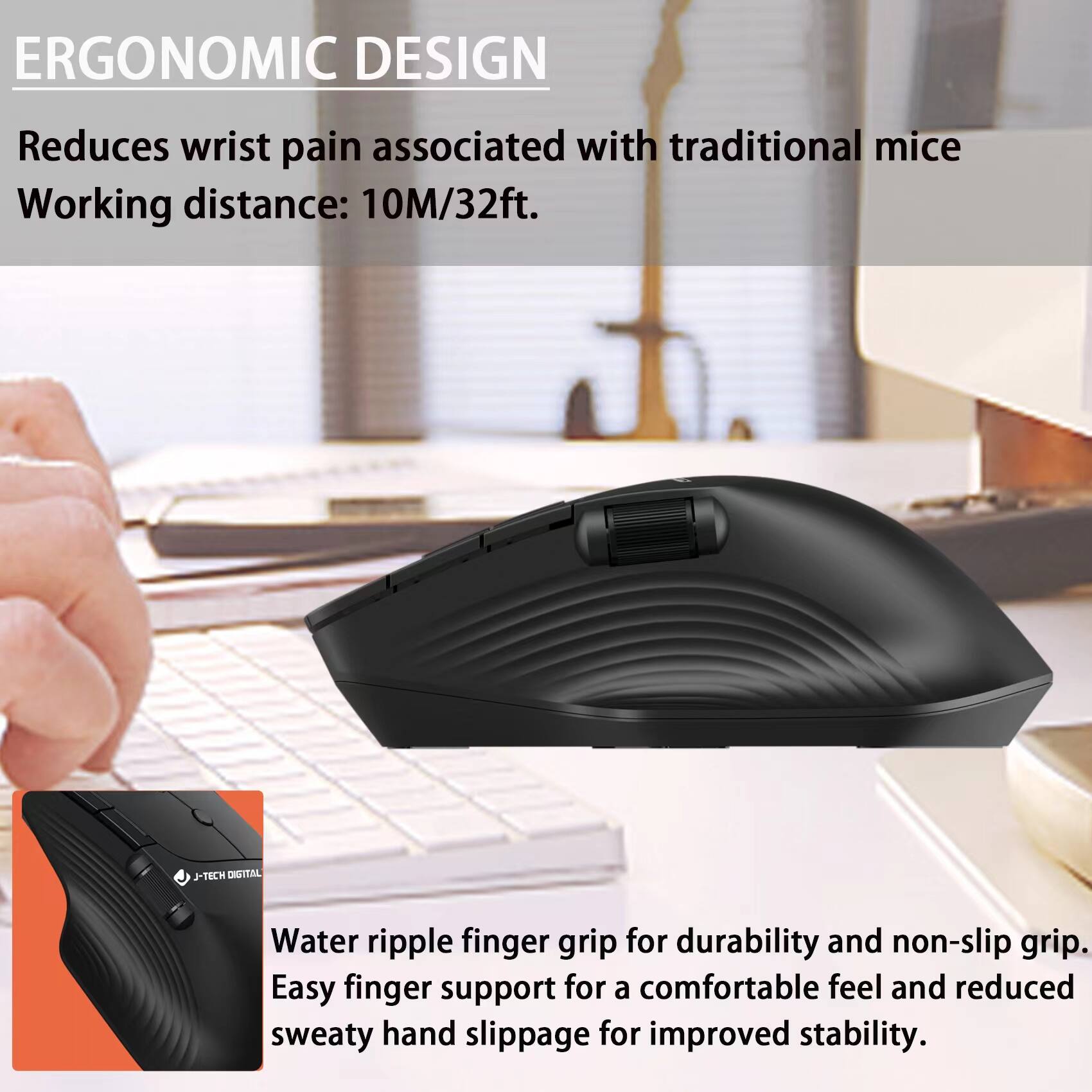 J Tech Digital Wireless Ergonomic Mouse with Adjustable DPI, Side Thumb ...