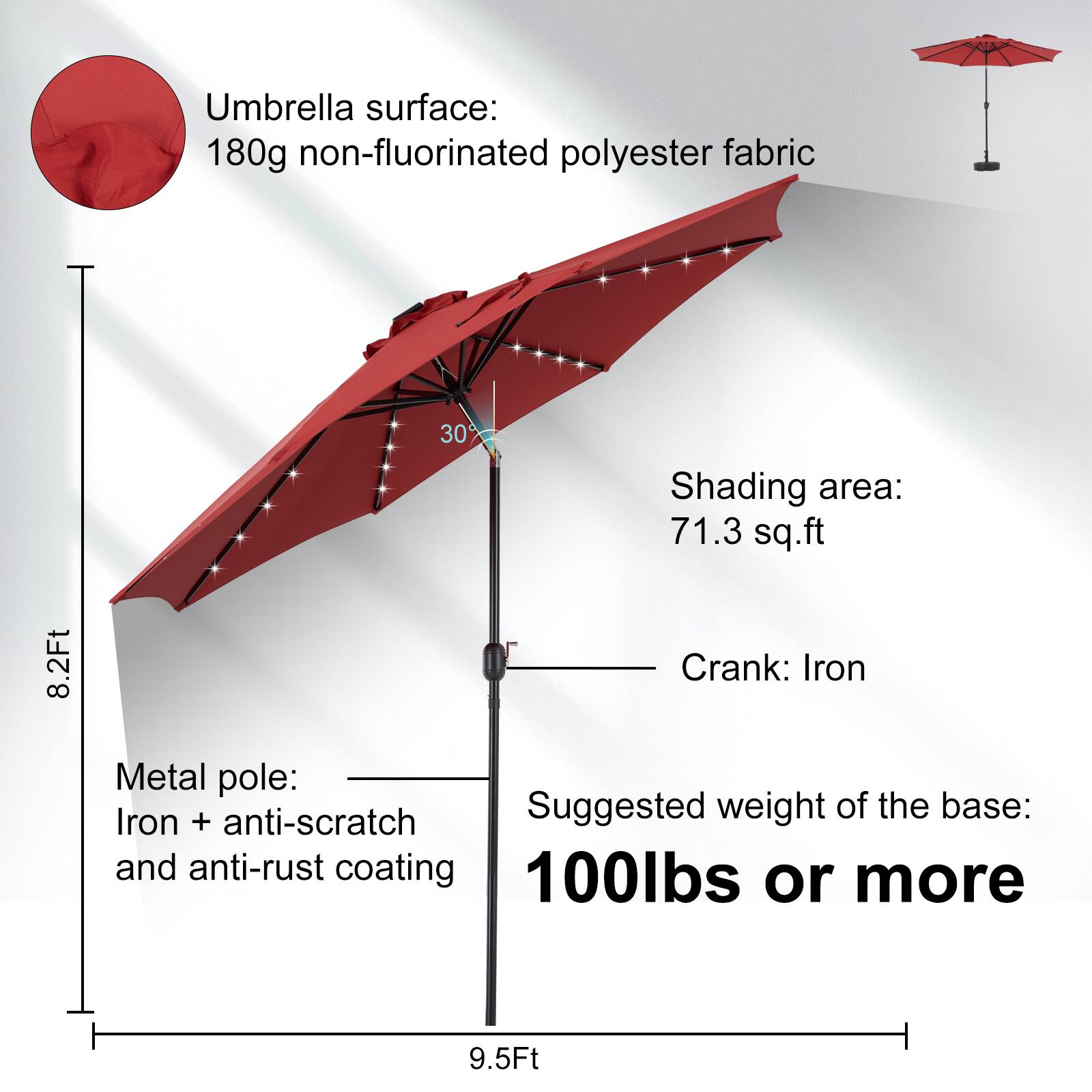 AENKYO 10ft Solar Polyester 32 LED Lighted Patio Umbrella with Tilt ...