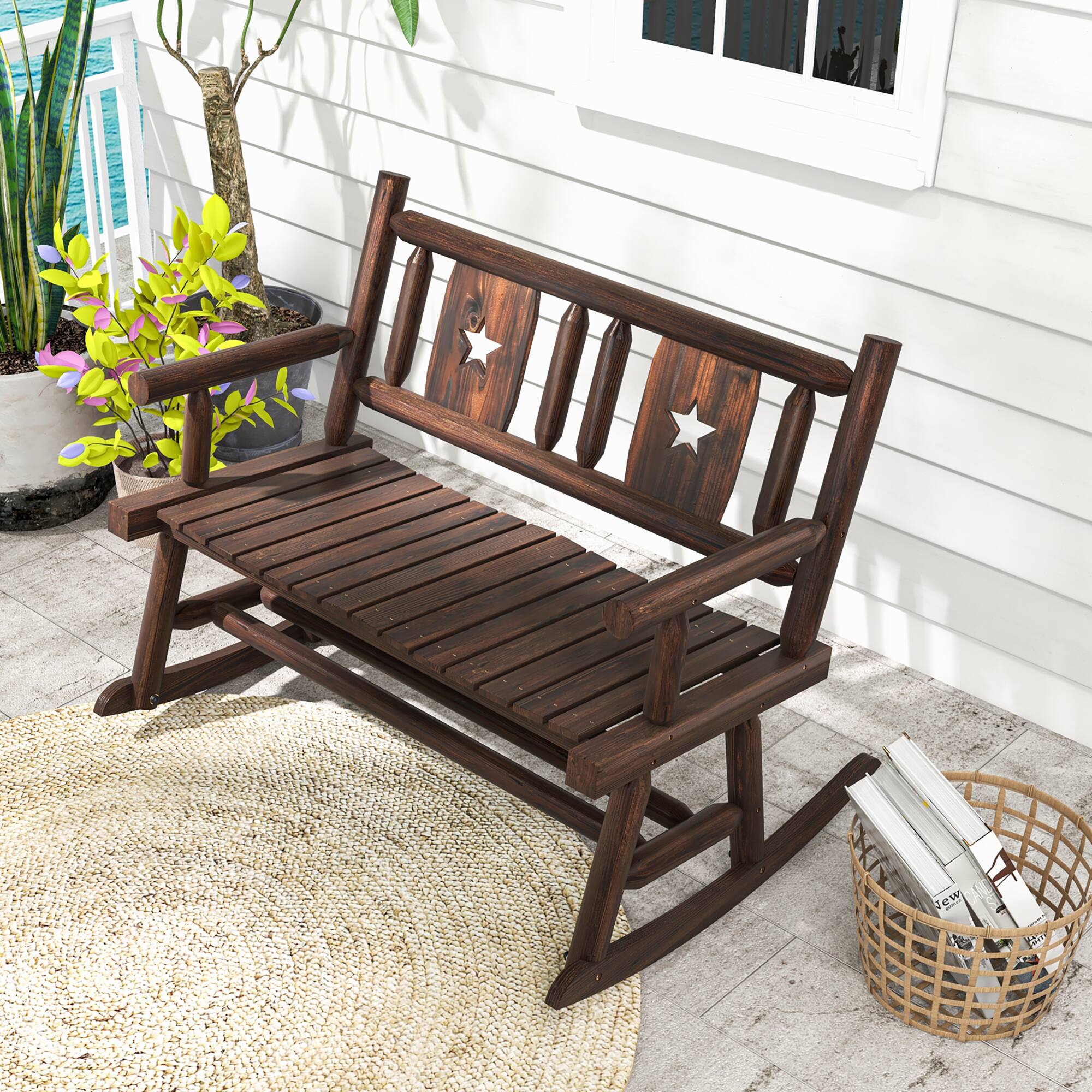 Gymax Outdoor Carbonized Wood Rocking Bench Double Rocking Chair for 2 ...