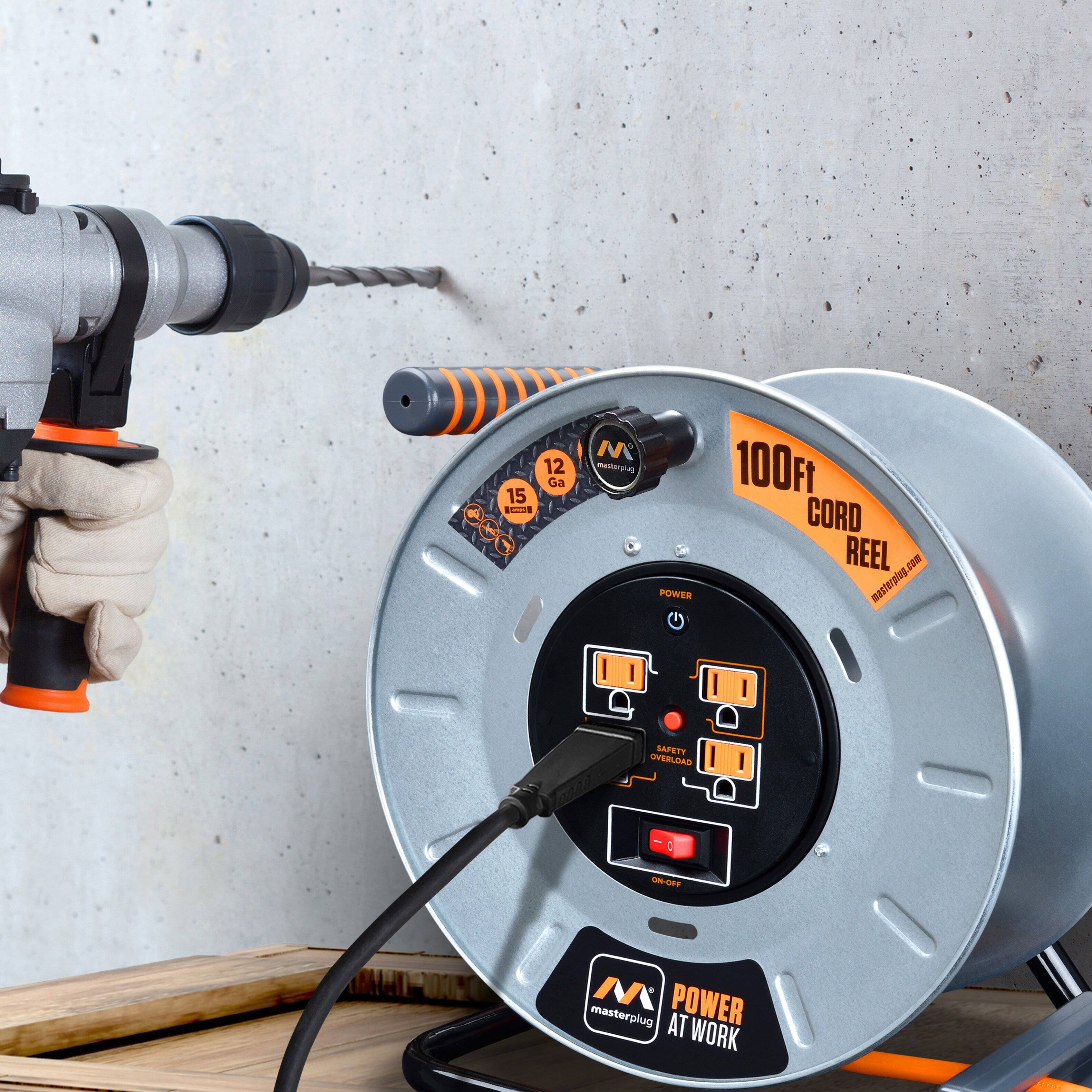 Masterplug 100Ft 4 Sockets 15A 12AWG Large Open Metal Reel Metal ...