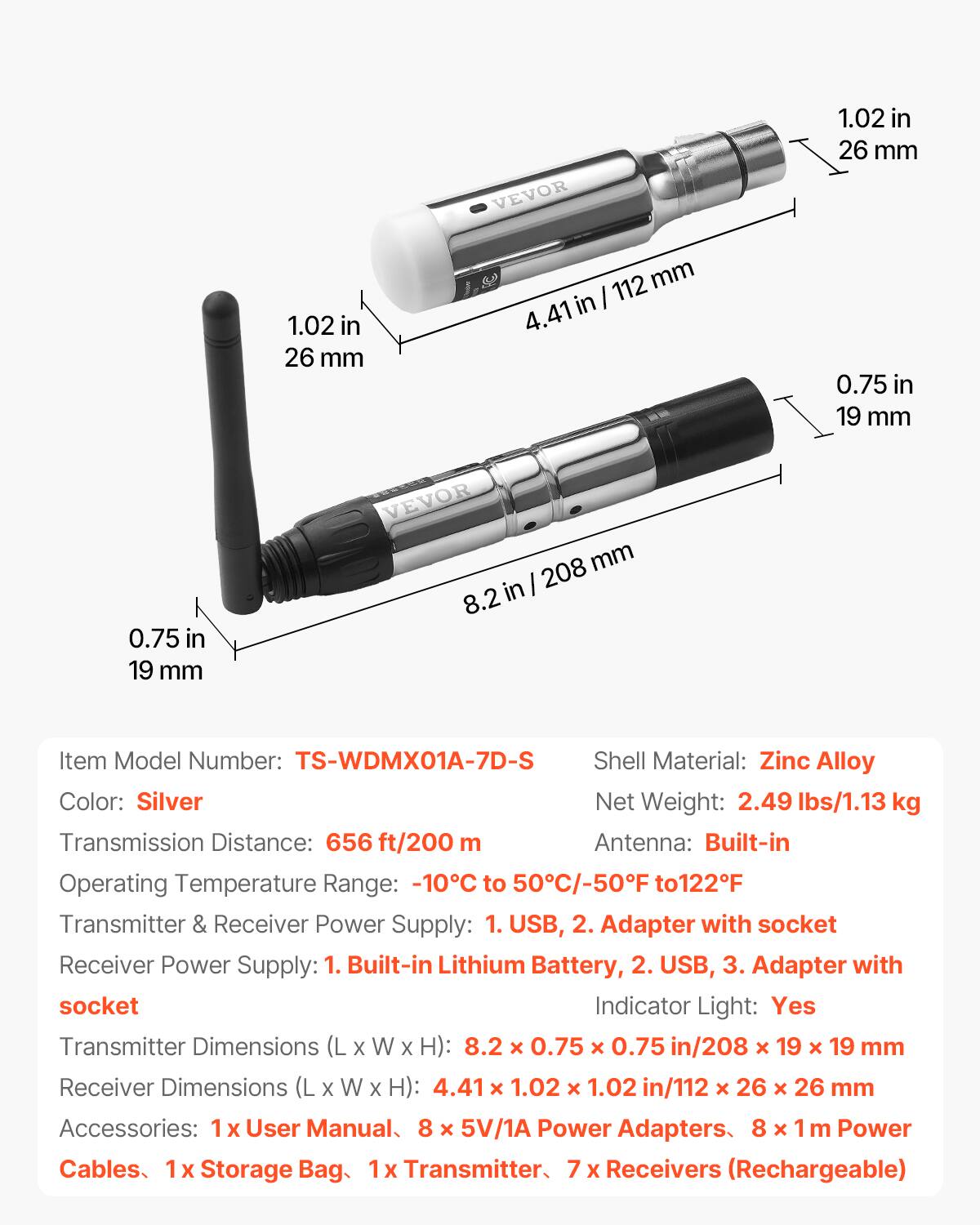 VEVOR DMX Wireless Receiver, 7 Receivers & 1 Transmitter, 2.4G ISM Band ...