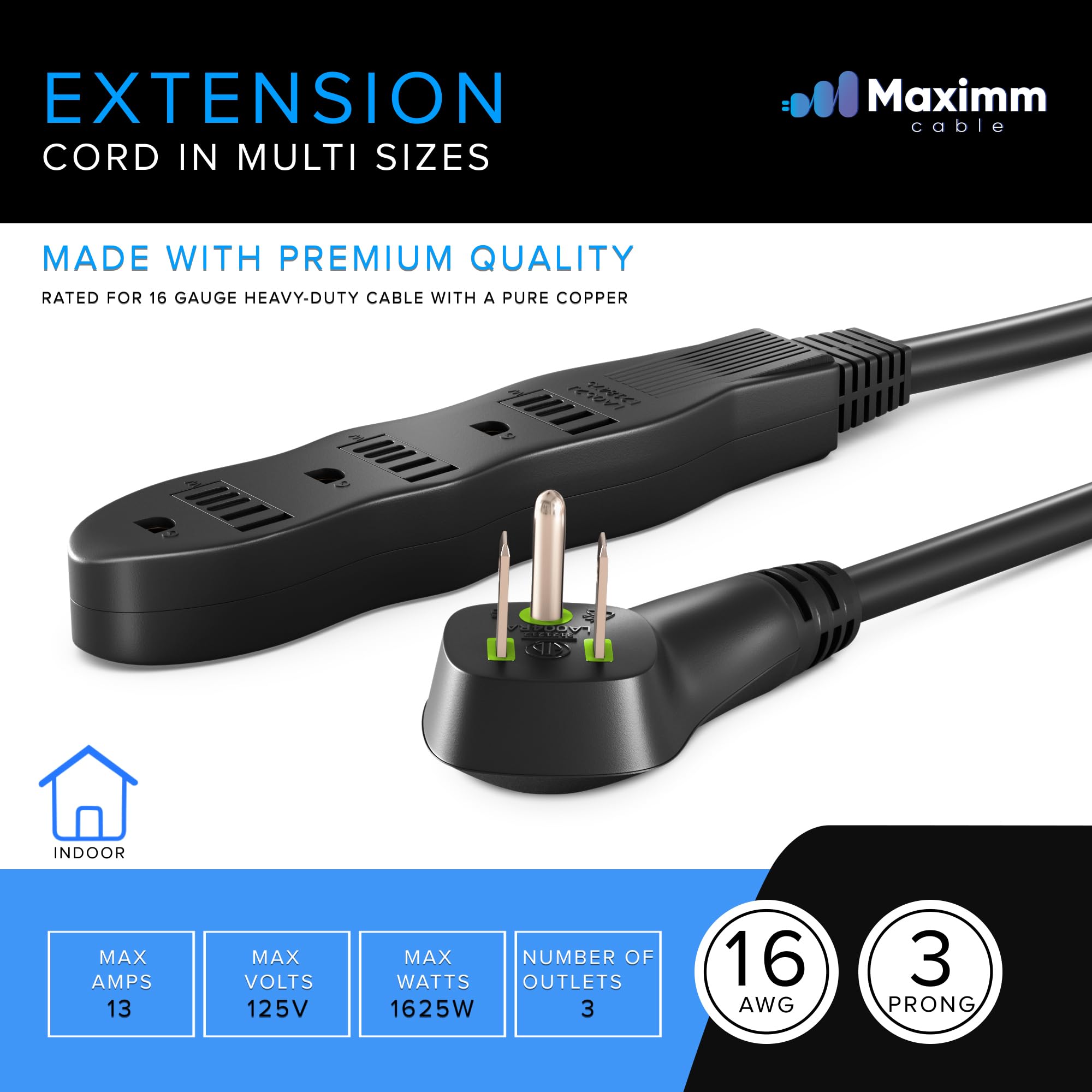 Maximm Extension Cord 15 ft, with Multiple Outlets (3 Outlets), Multi ...