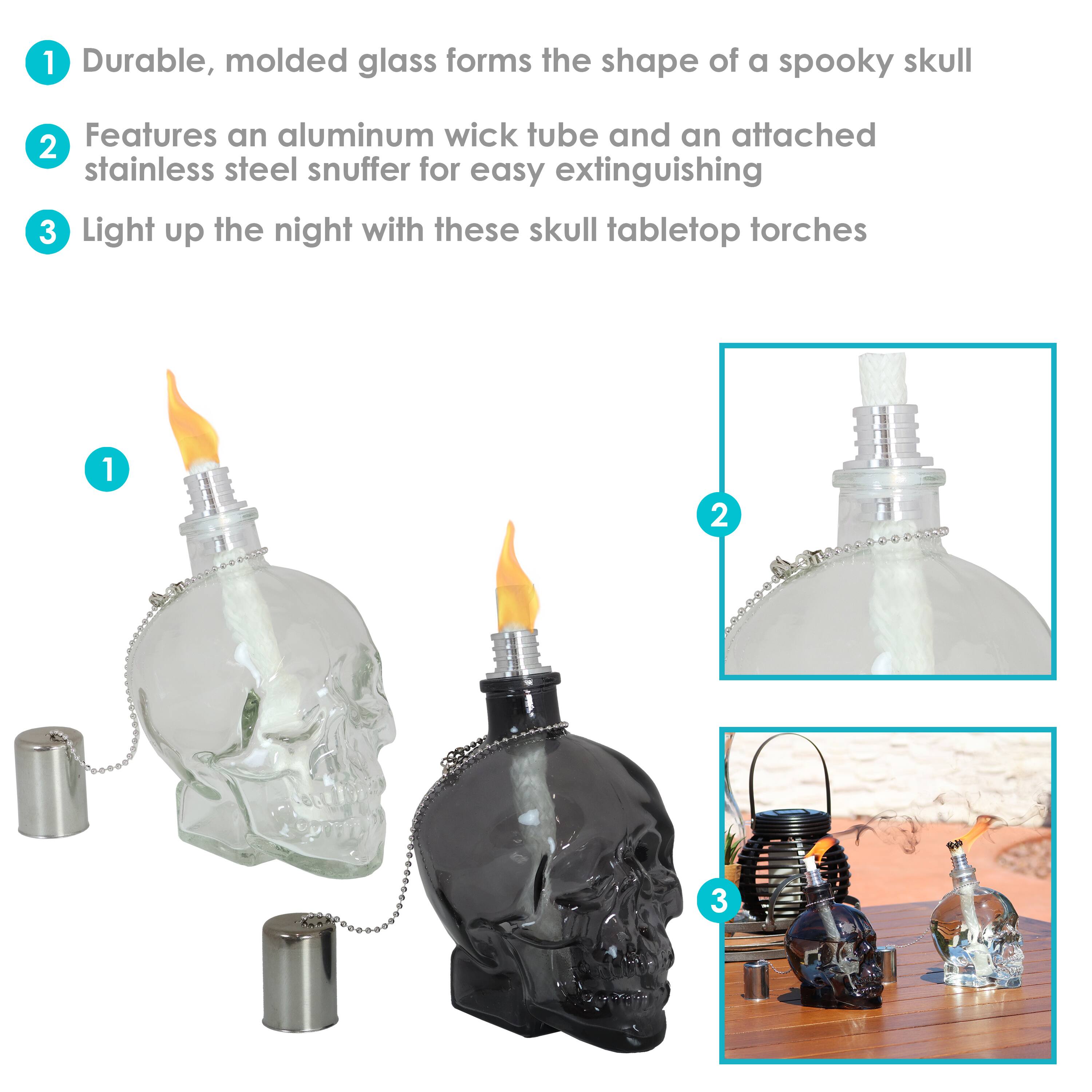 Sunnydaze Set of 4 Glass/Metal Grinning Skull Tabletop Torch Black ...