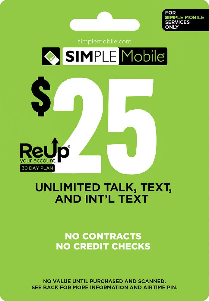 Simple Mobile $25 ReUp Prepaid Card Green Simple Mobile 25 UNL Talk ...