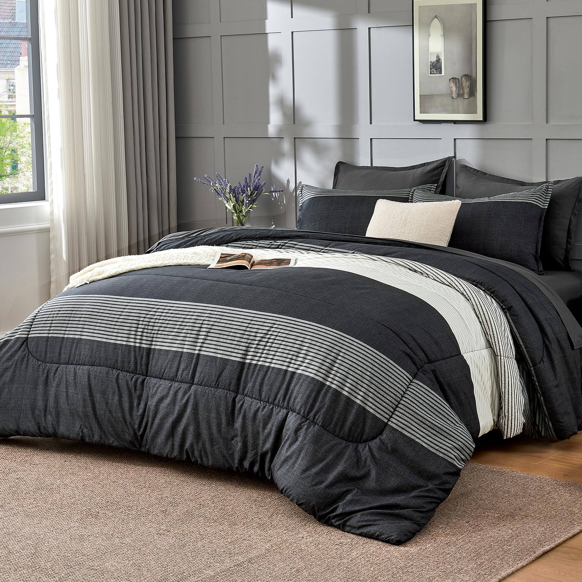 Paradigms Interiors Comforter Set Dark 7 Pieces Striped Lightweight Bed ...