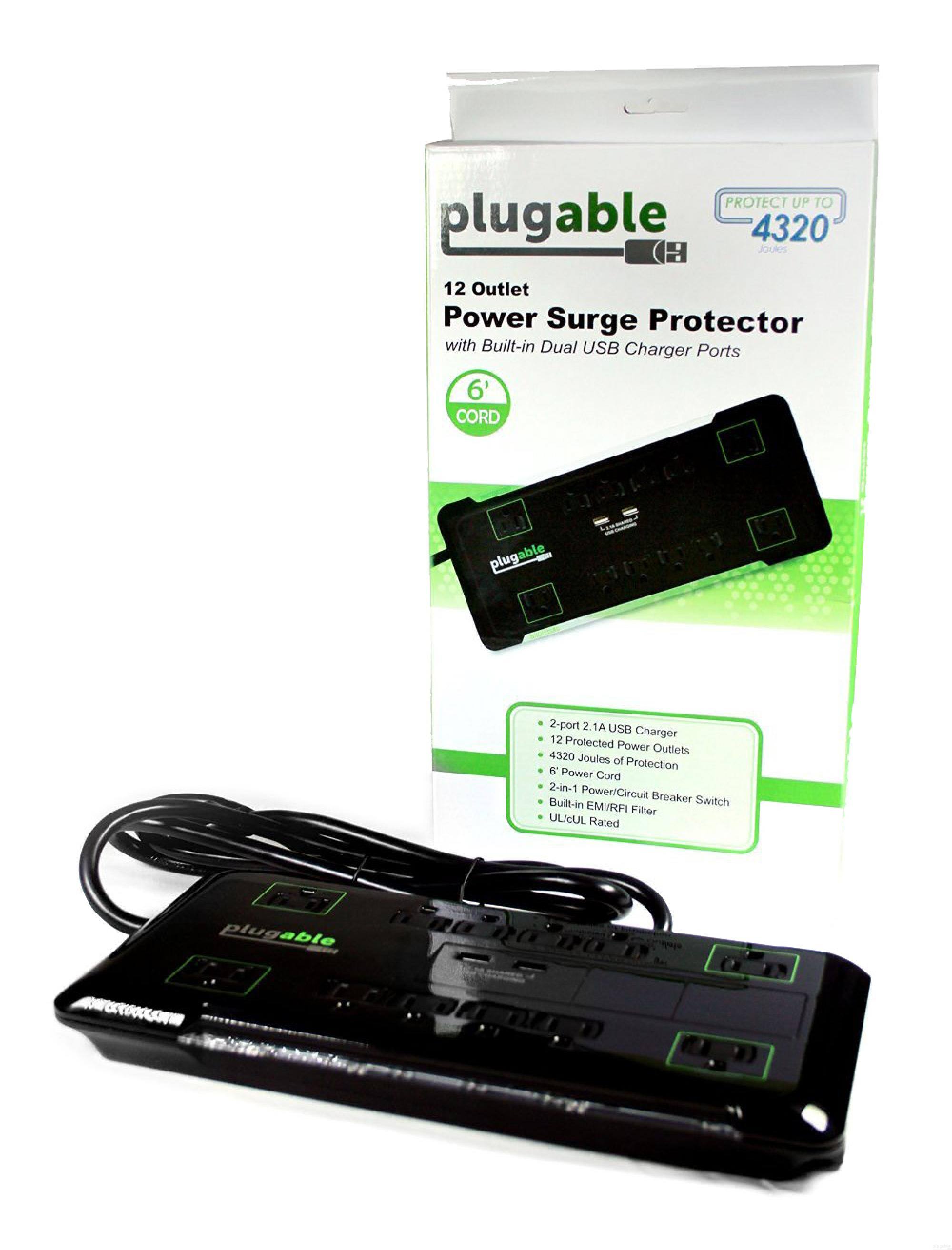 Plugable 12 Outlet Surge Protector – 4320 Joules, 2 USB Ports, 6ft Cord ...