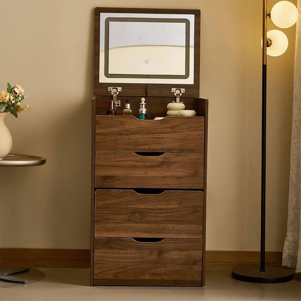 Kadyn 3 in 1 Flip Top Vanity Desk with Mirror, Drawers and Stool Walnut ...