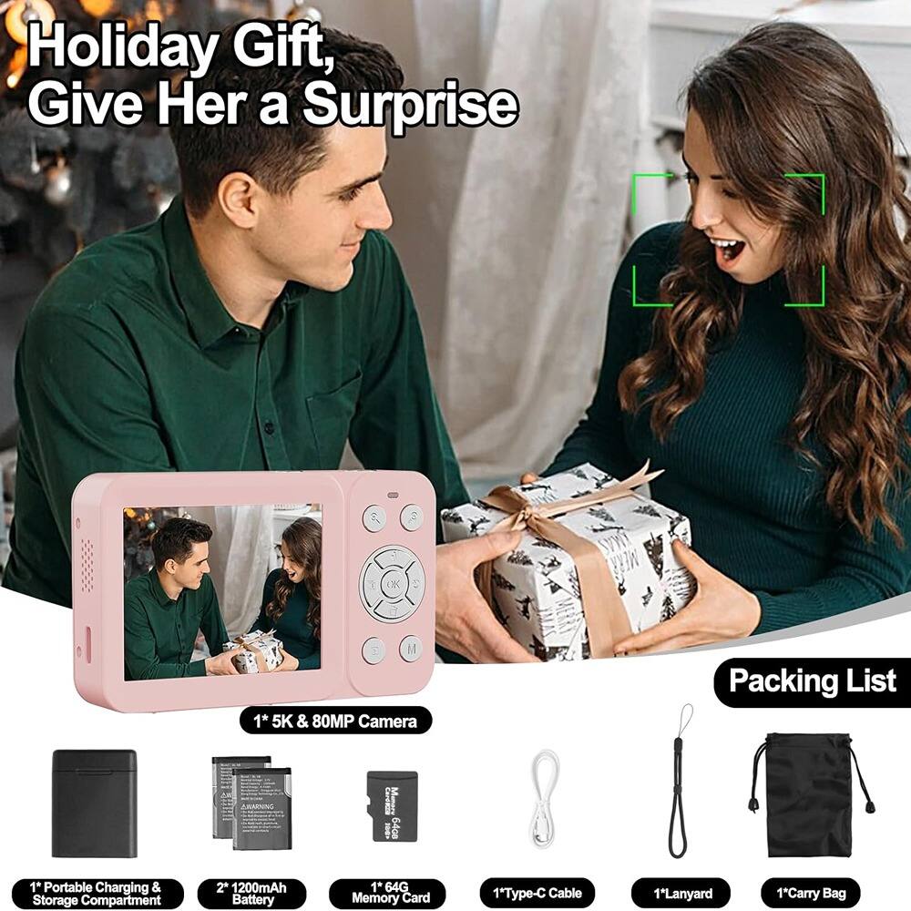 ACJPR 5K Digital Camera, 80MP, Dual Screen, 18X Zoom, Autofocus, Pink ...