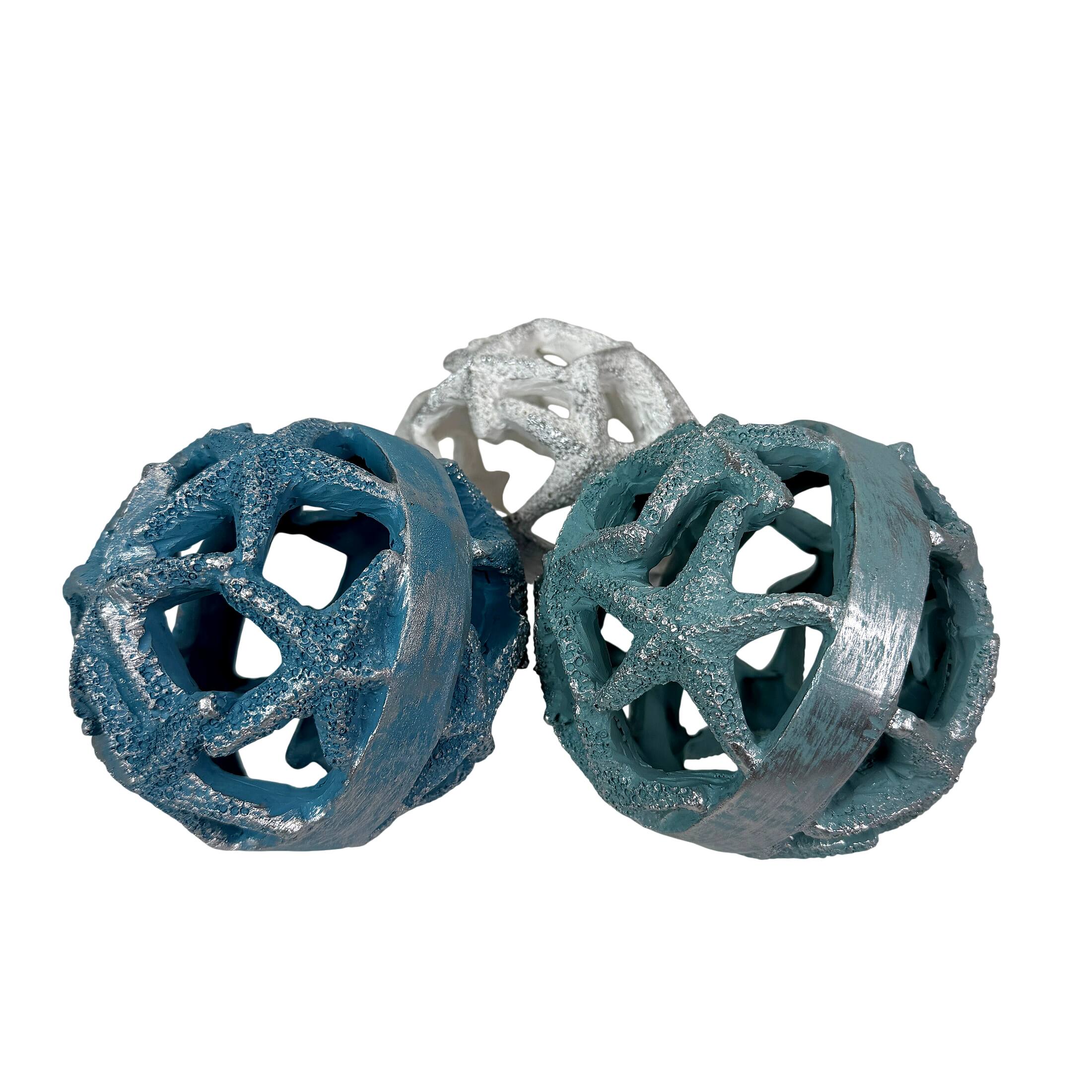 Zeckos Decorative Orbs Set of 3 Starfish Coastal Resin 4 in Blue Aqua ...