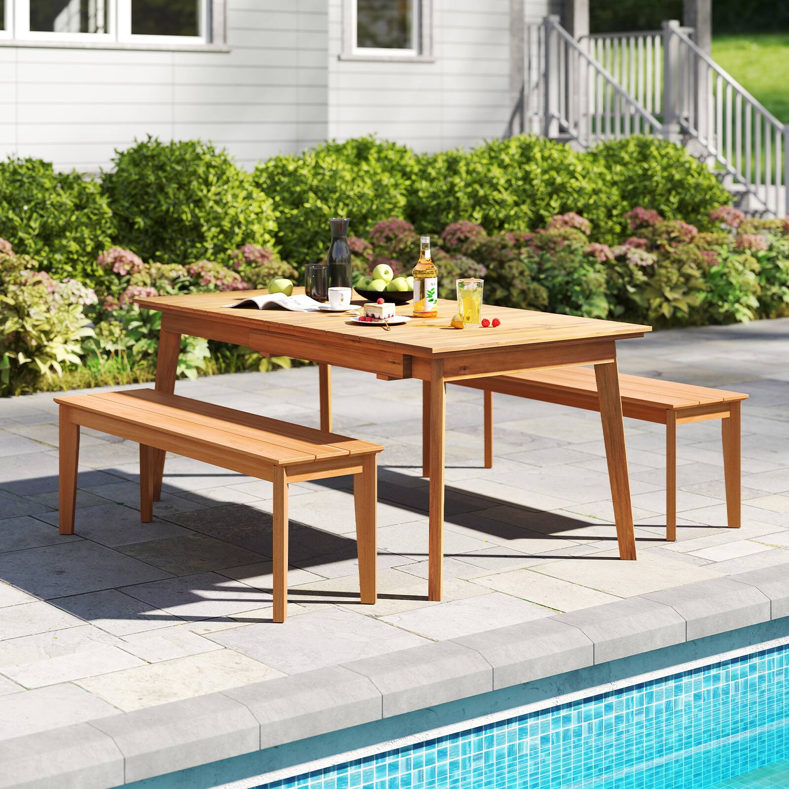 Gymax 55'' Teak Wood Bench 3 Person Backless Seating w/ 880 LBS Weight ...