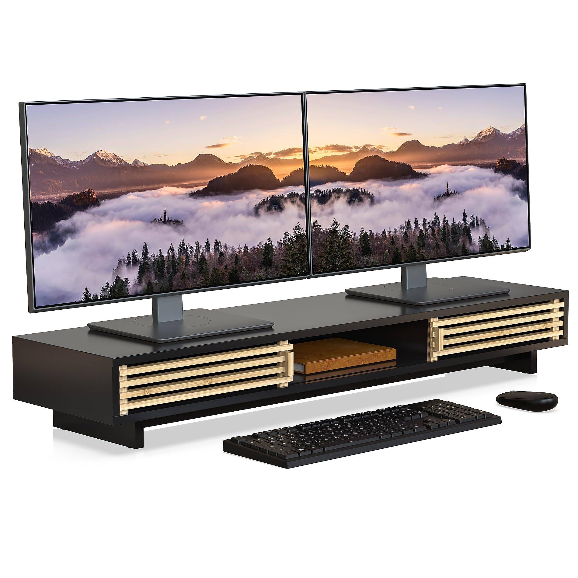 Refined Abode Design Dual Monitor Stand Riser With Sliding Door Double ...