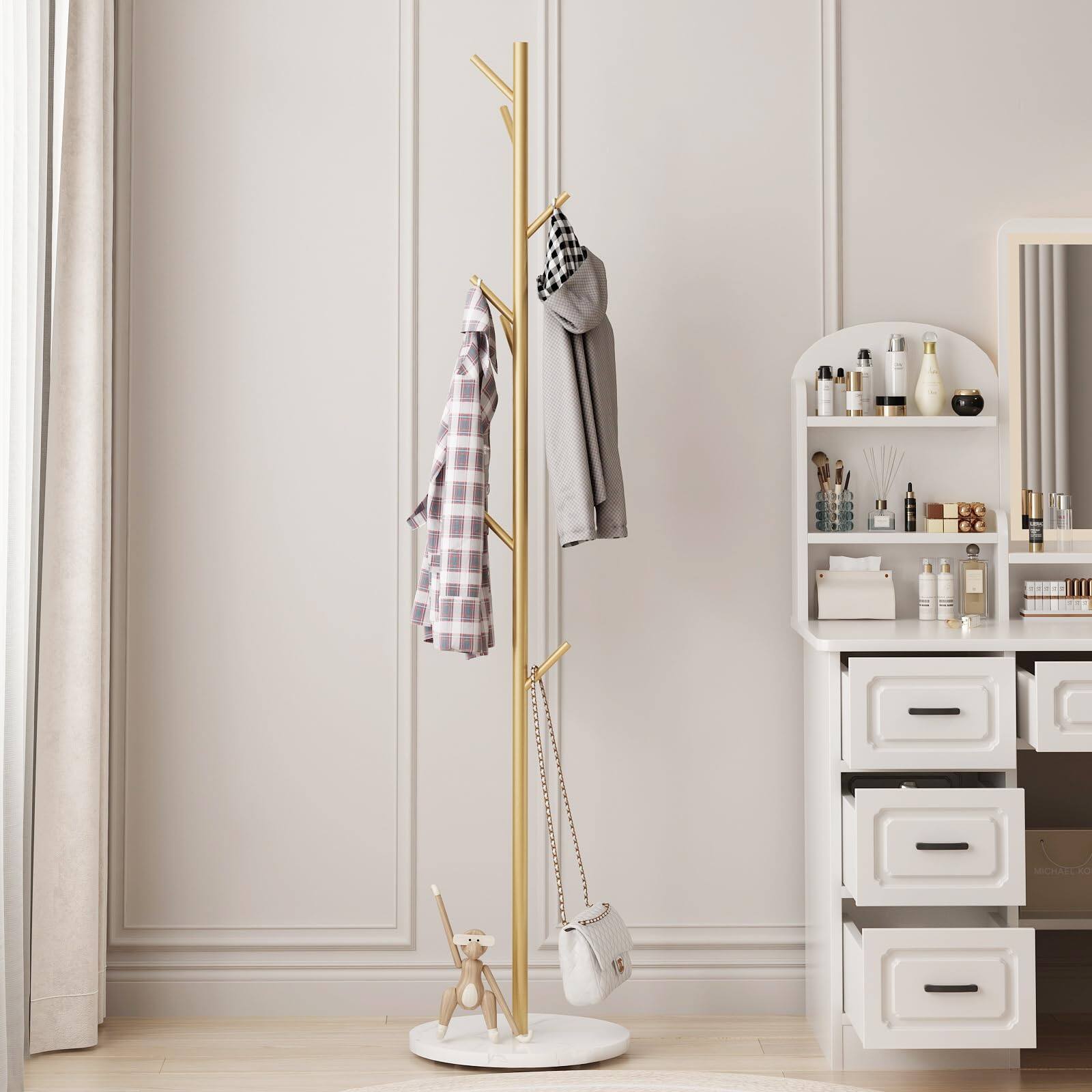 Hirose Alice Gold Coat Rack Freestanding Metal Coat Tree with Marble ...