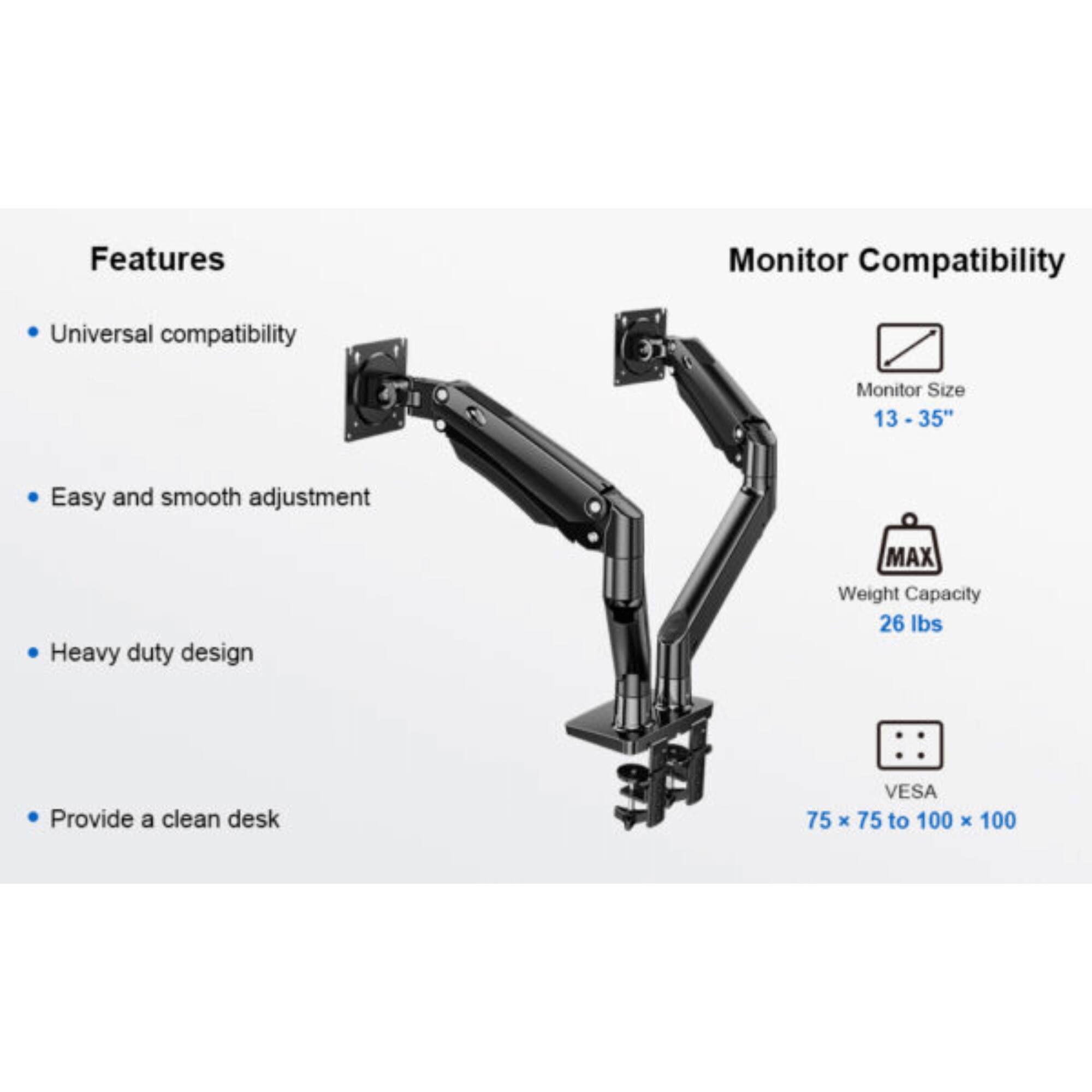 ErgoAV Gas Spring Desk Mount for Dual Monitors 13" to 35" Black ERDGM3 ...
