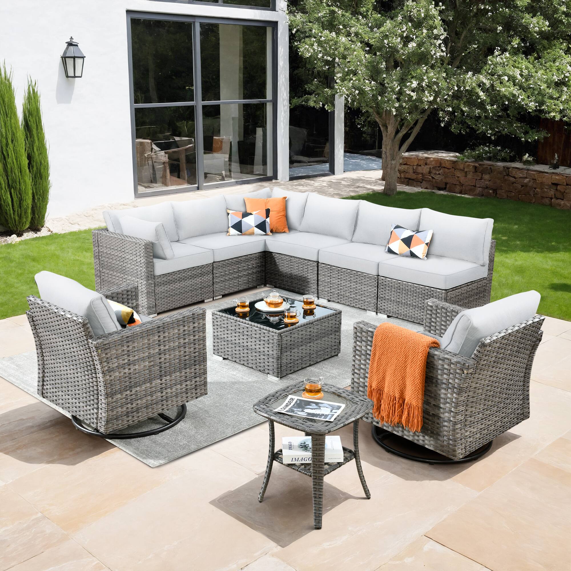 Ovios 10 PCS Patio Furniture Wicker Sofa with Swivel Chair, Coffee ...