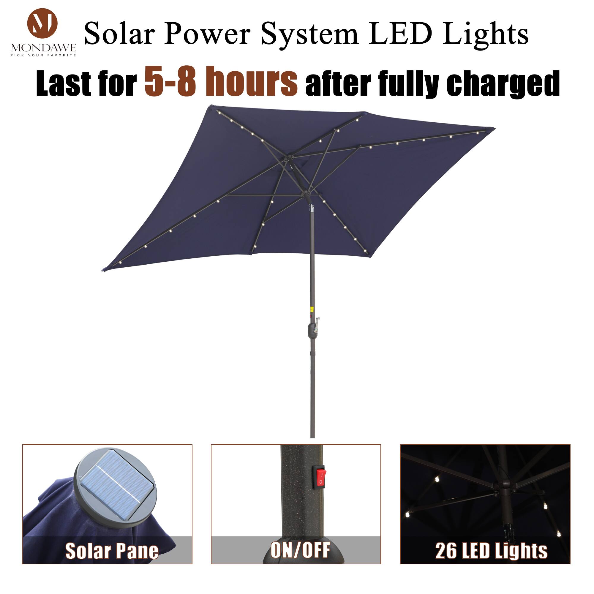 Mondawe 10' x 6'5ft Patio Umbrella 26 Solar LED Lights Rectangular ...