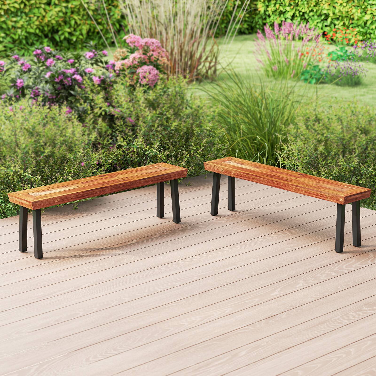 Gymax Outdoor Acacia Wood Benches Set of 2 w/ Slatted Top & Flared ...