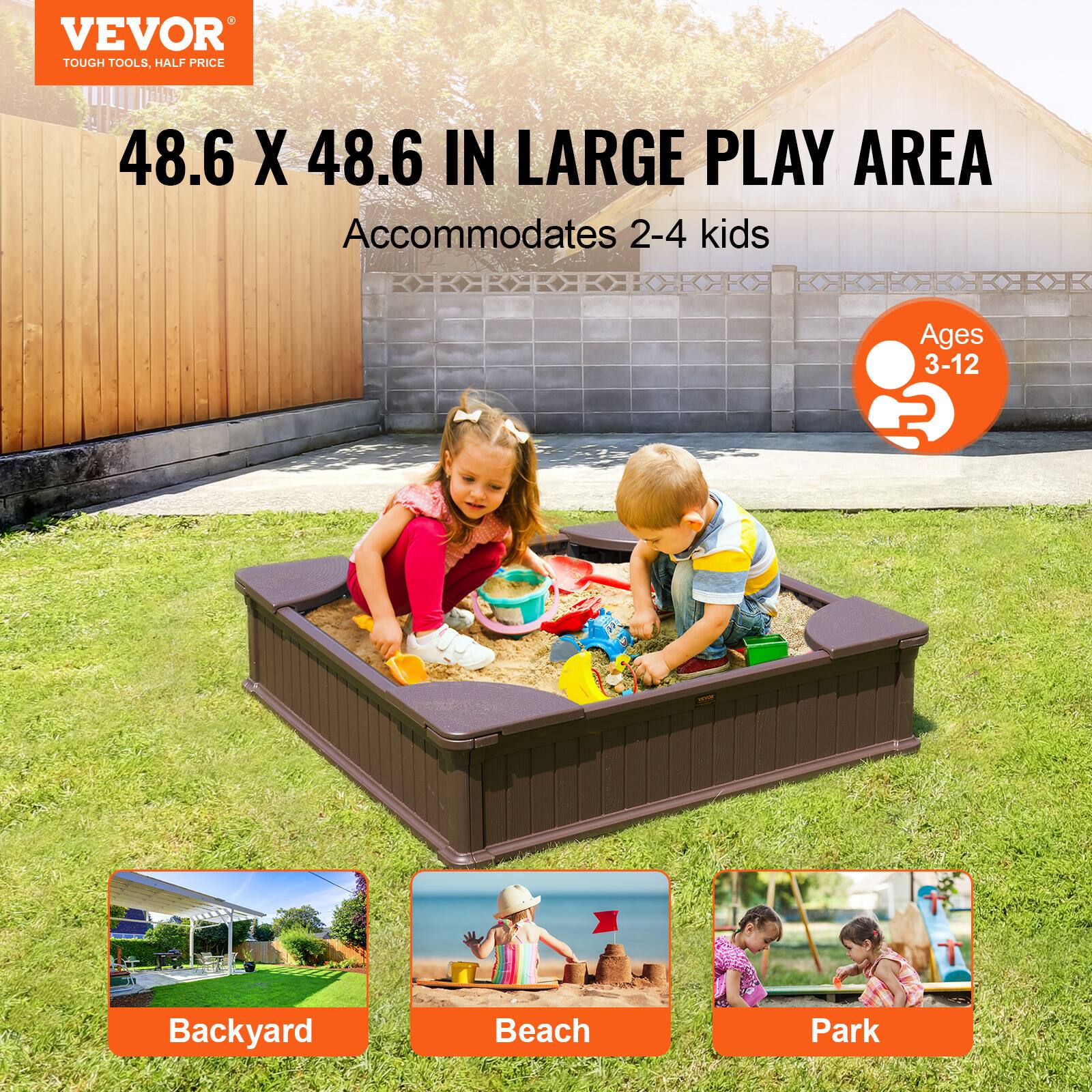 VEVOR Sandbox with Cover, 48.6x48.6x12.4 in Square Sand Box, HDPE Sand ...