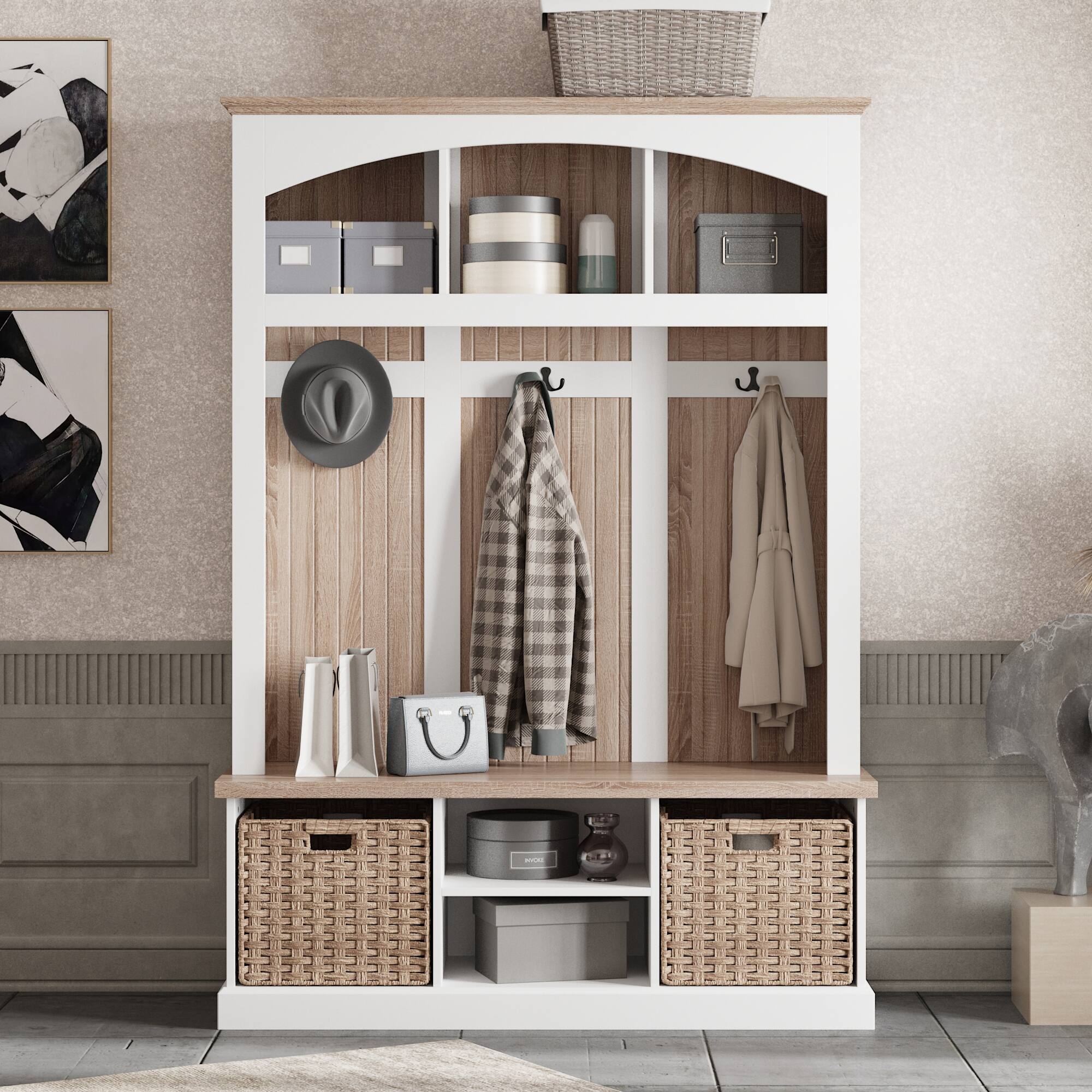 FUFU&GAGA Hall Tree with Coat Rack Shoe Storage Bench and Natural ...