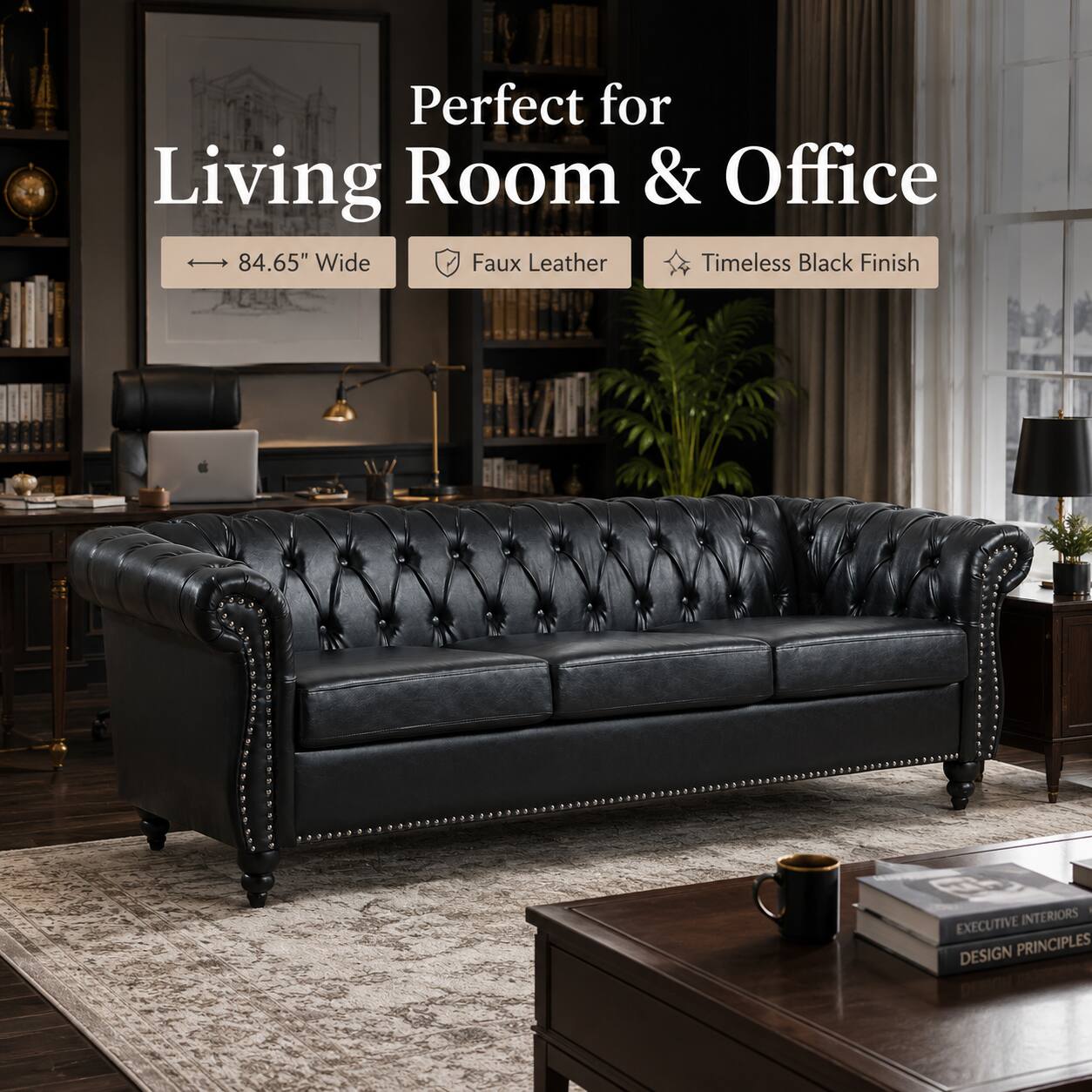 Anysun 84" Faux Leather 3 Seat Chesterfield Sofa Rolled Arm, Deep ...