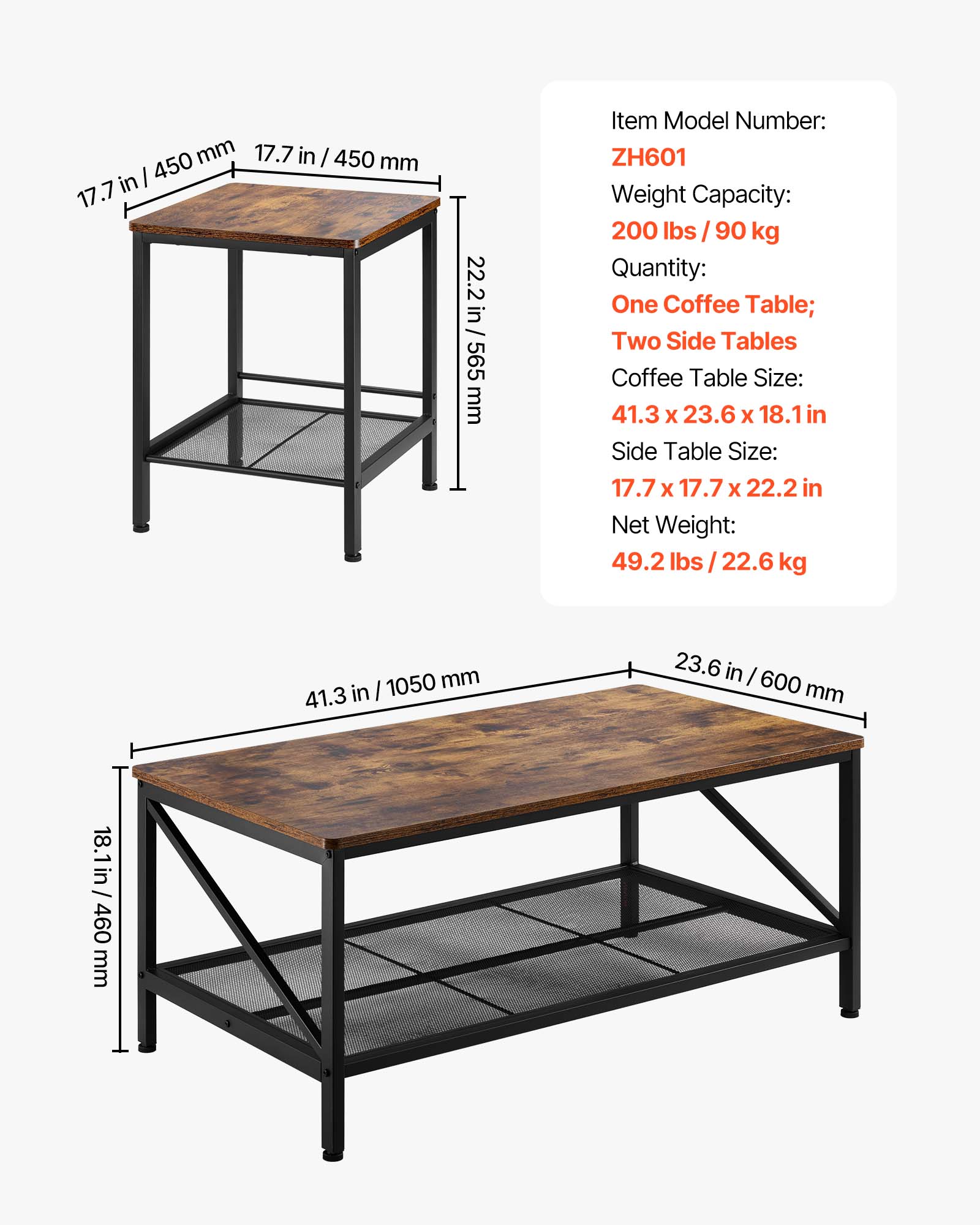 VEVOR 3 Pieces Living Room Table Sets, 41.3 in Industrial Coffee Table ...