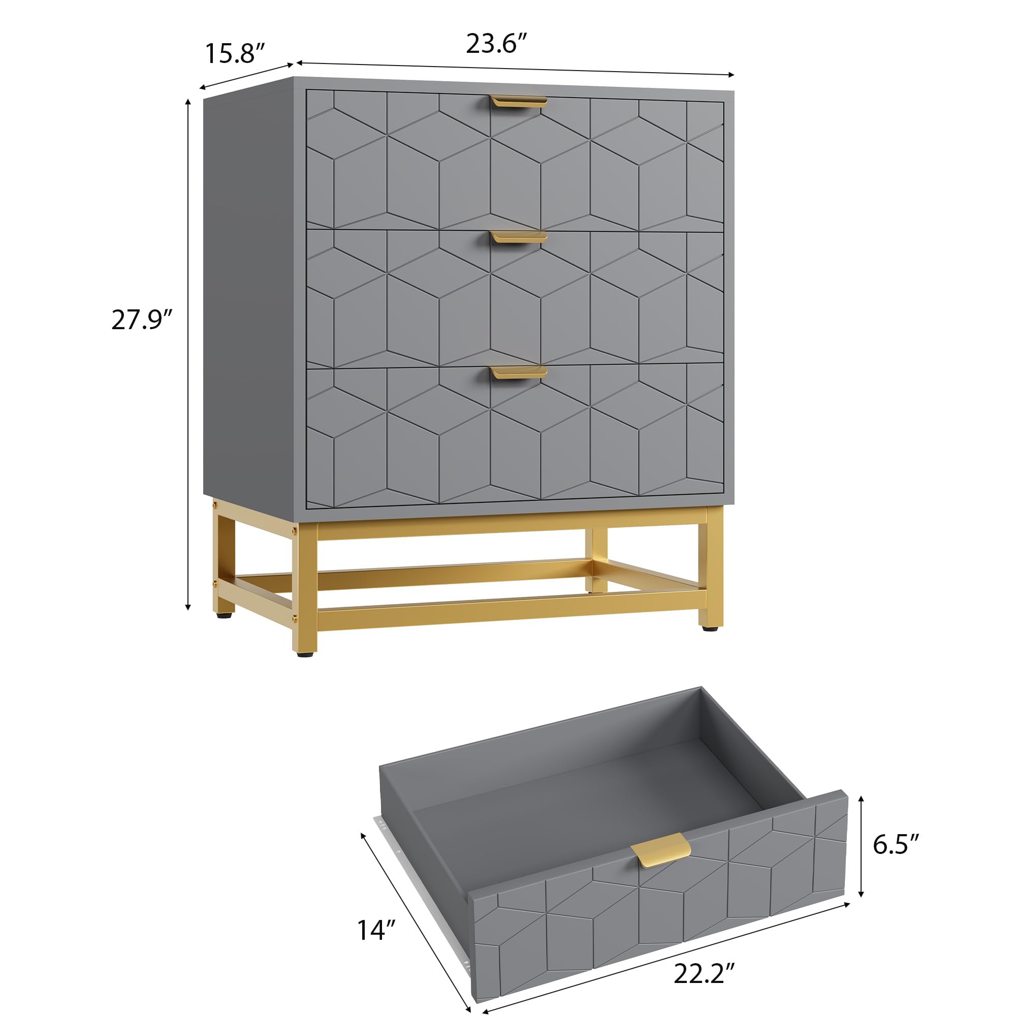 Jojoka Modern 3 Drawer Dresser for Bedroom, Wooden Chest with Gold ...