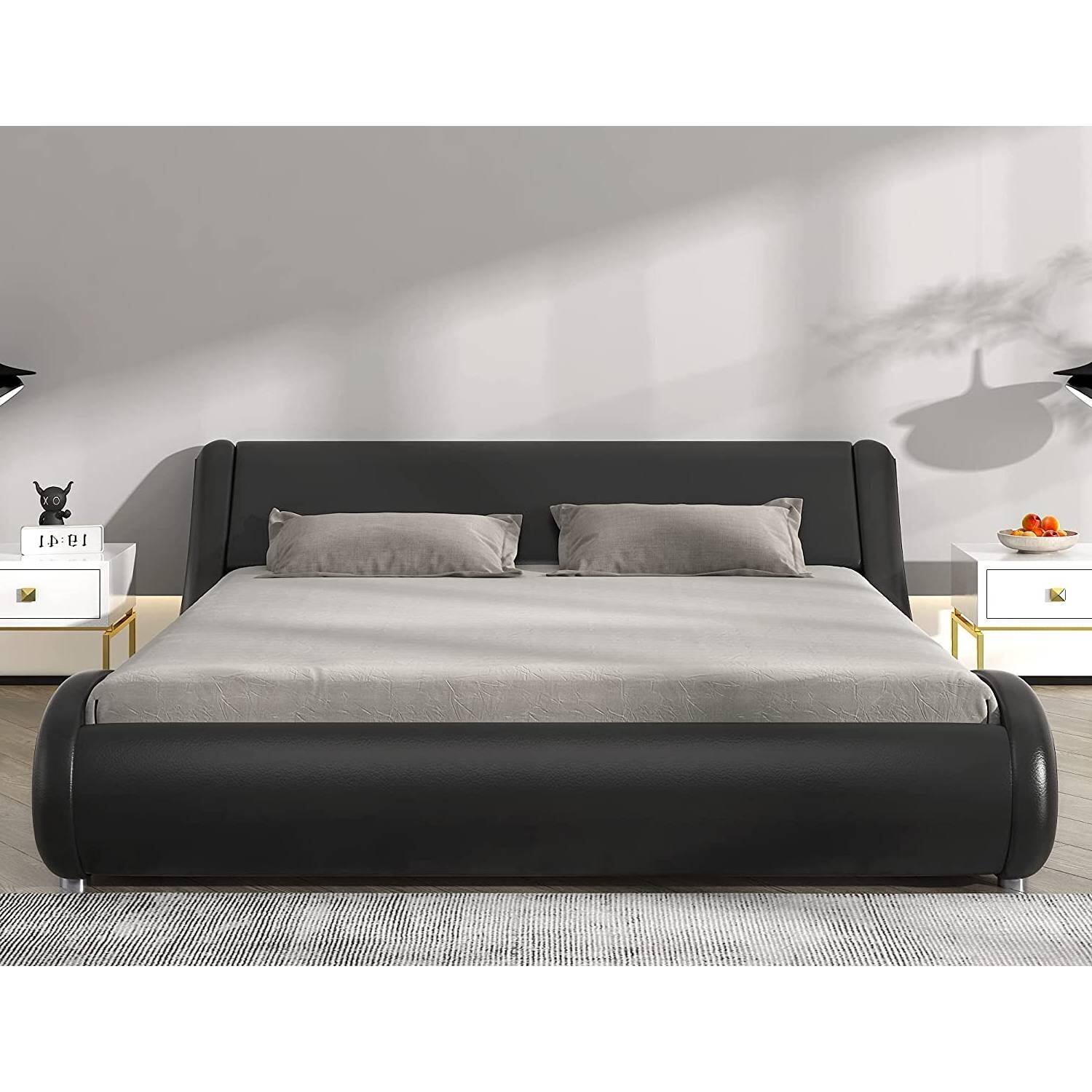 Hivvago Queen Modern Faux Leather Upholstered Platform Bed Frame with Headboard Black ...
