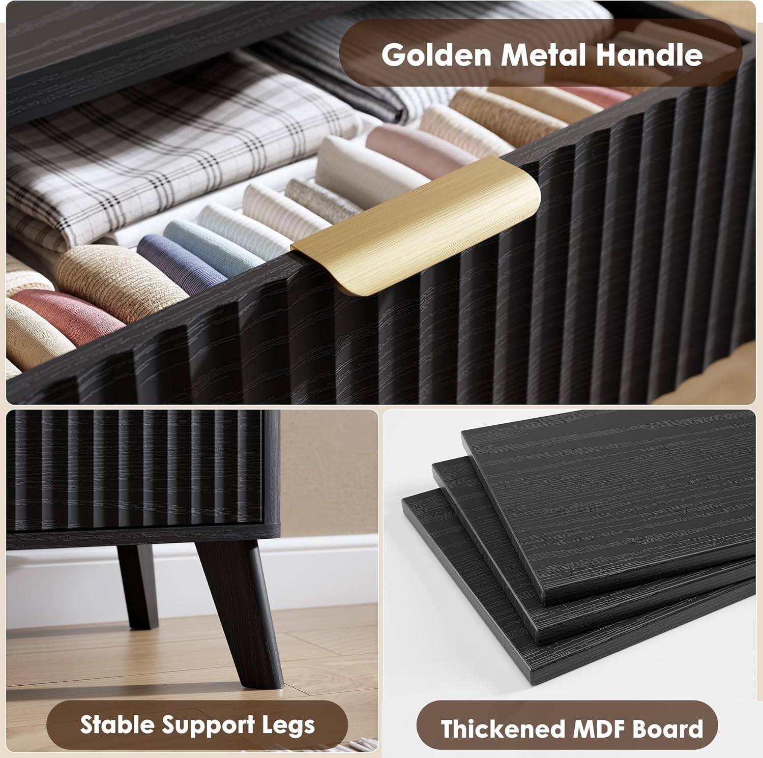 Acekool Fluted Dresser with 5 Deep Drawers, 47.2" Tall Chest for Living ...