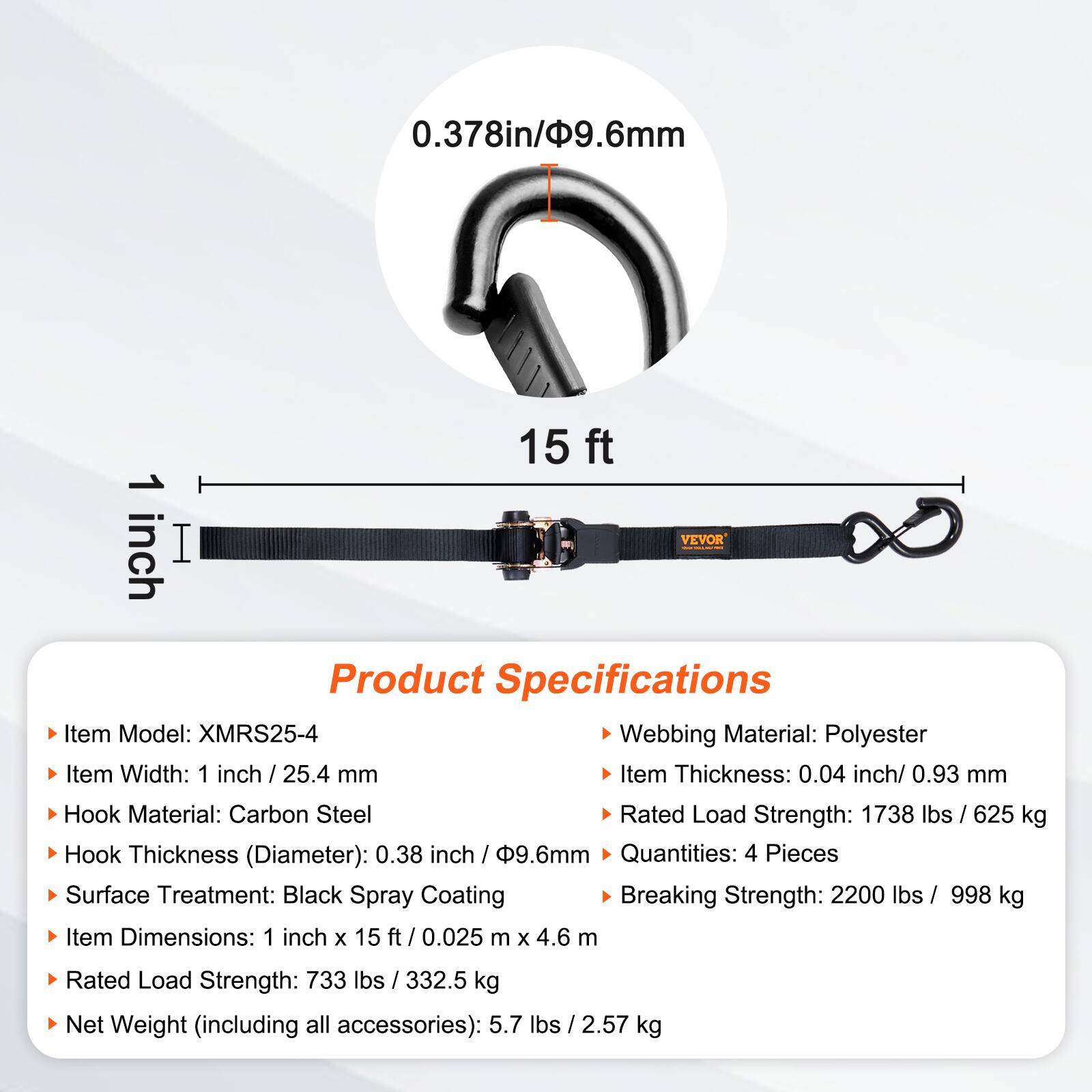 VEVOR Ratchet Tie Down Straps (4PK), 2200 lb Max Break Strength ...