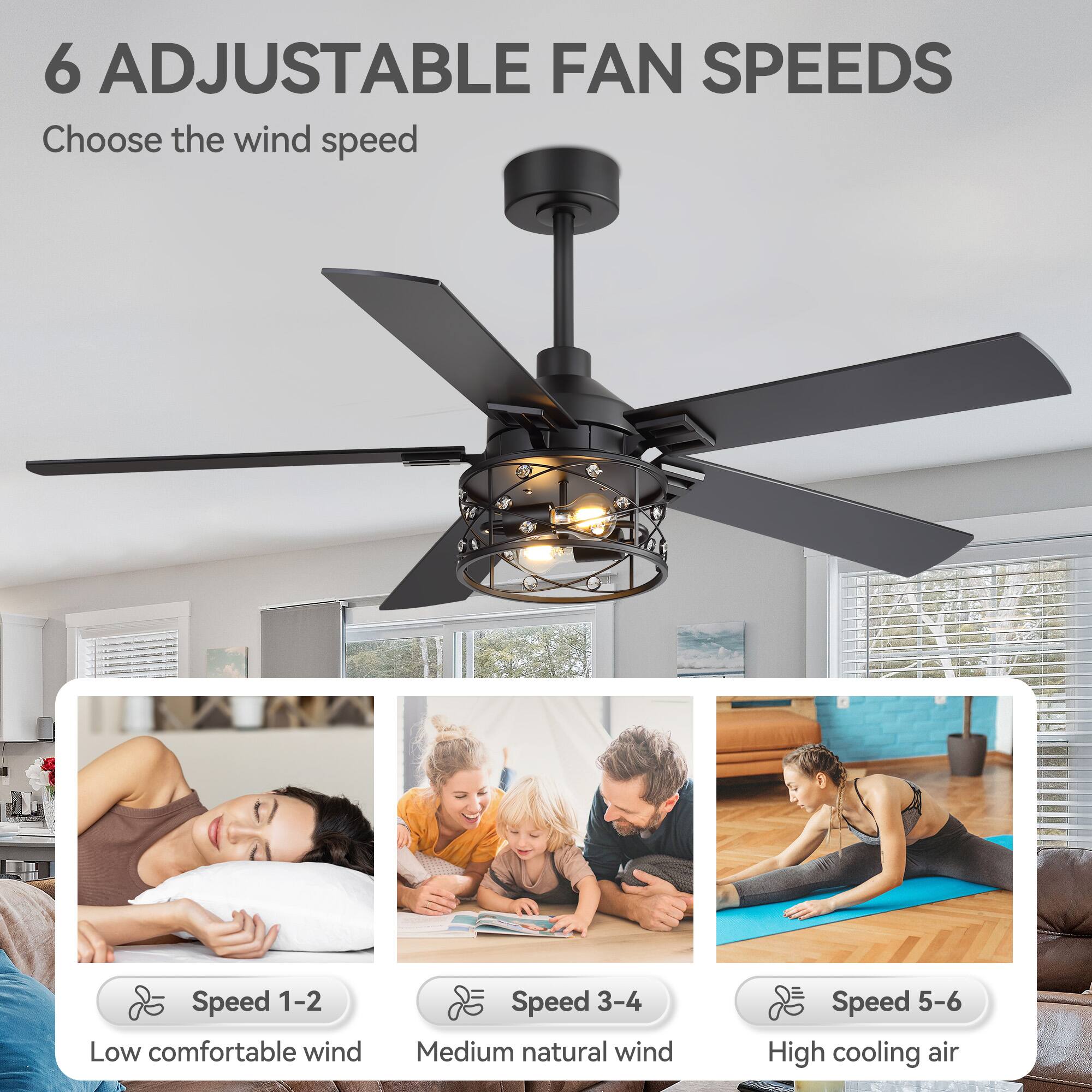 Breezary 52 In Ceiling Fan with Crystal Light Fixture, 5 Reversible ...